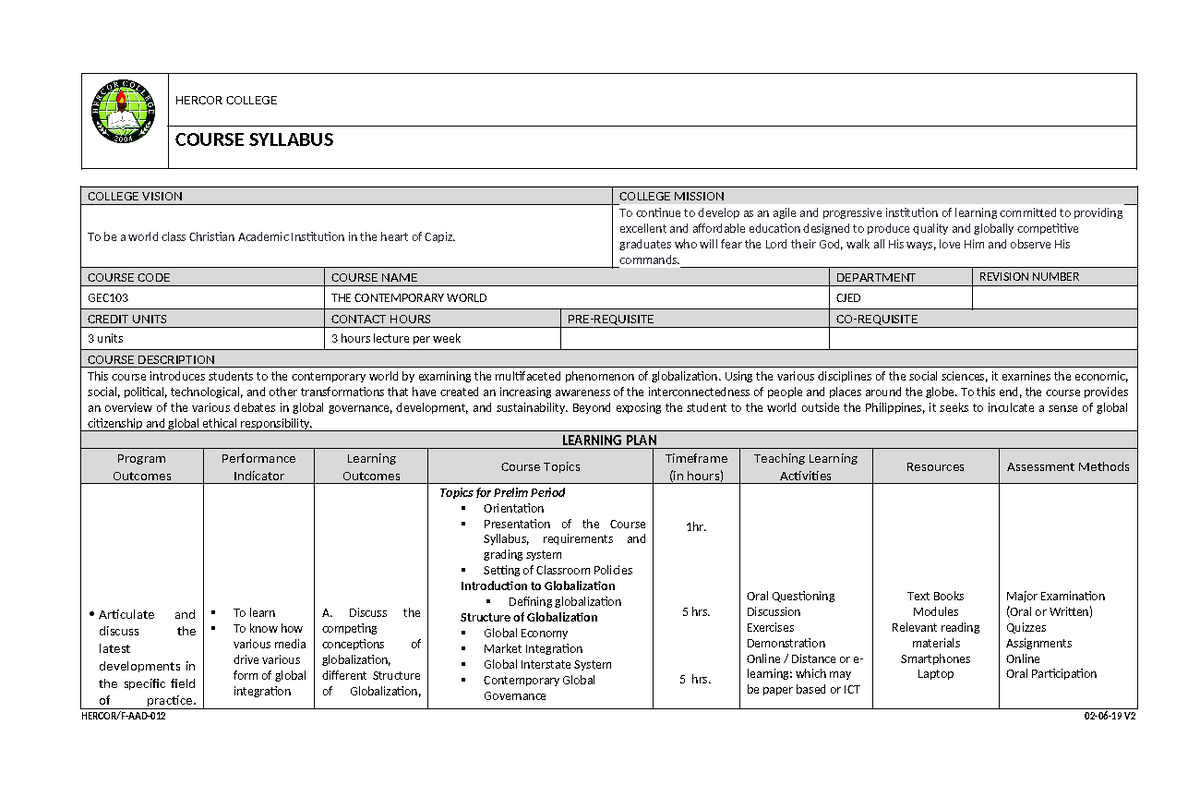 Syllabus GEC103 The Contemparary World FOR CRIM - COURSE SYLLABUS ...
