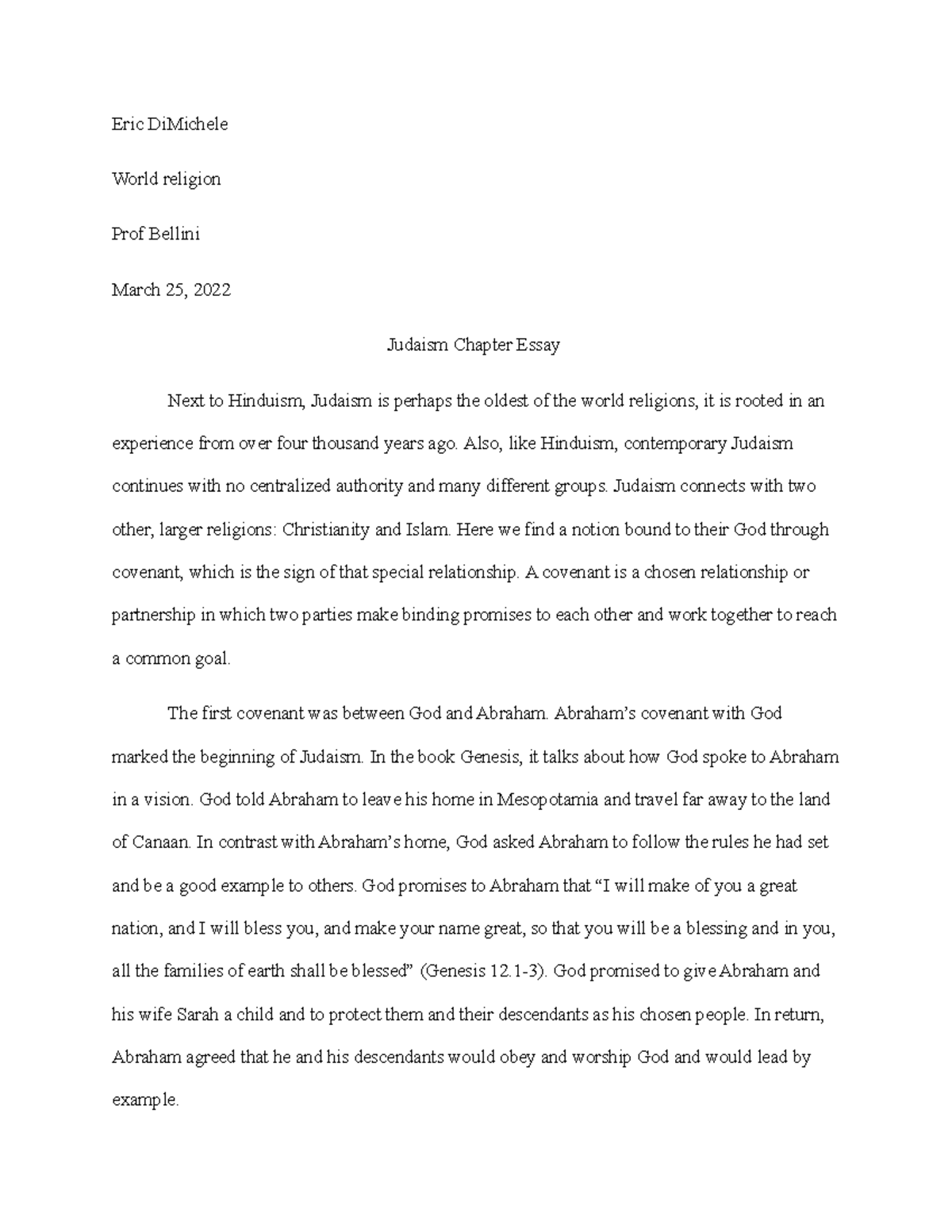 Judaism Chapter Essay - Eric DiMichele World religion Prof Bellini ...
