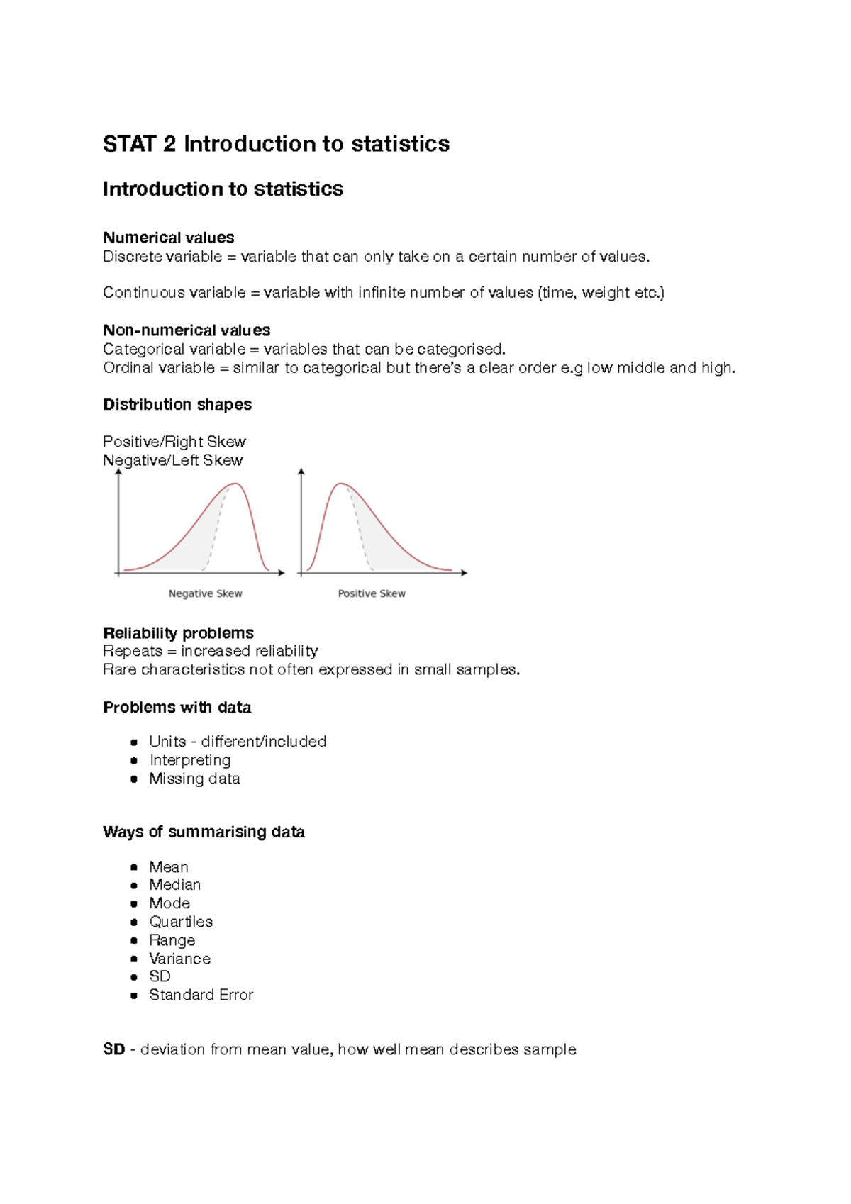 Statistics - Year 1 - STAT 2 Introduction to statistics Introduction to ...