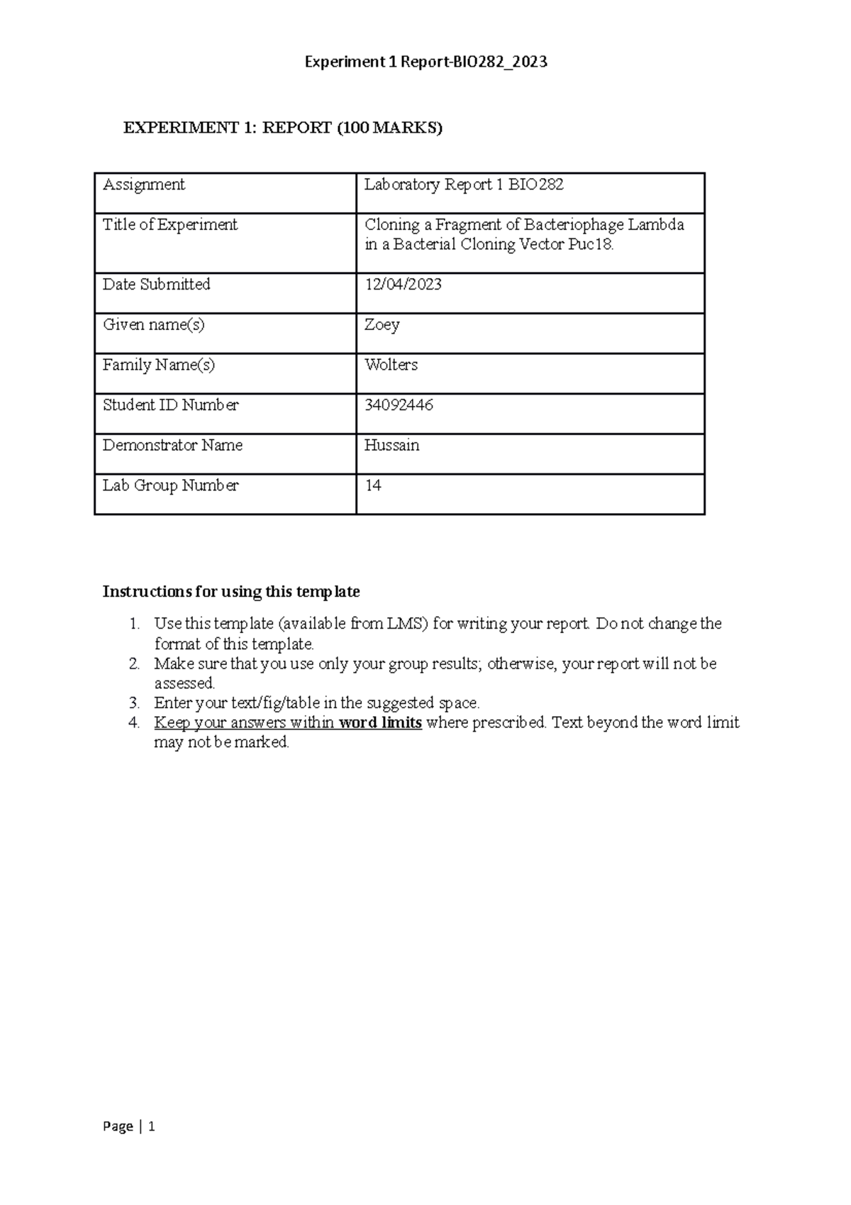 34092446 -BIO282 LAB Report 1 - EXPERIMENT 1: REPORT (100 MARKS ...
