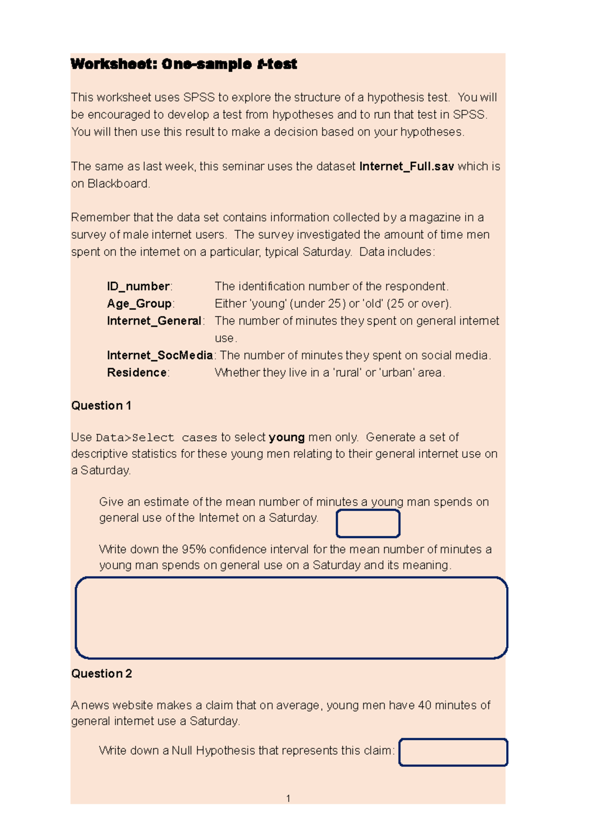 Worksheet one sample t-test in SPSS - Worksheet: One-sample t-test This ...
