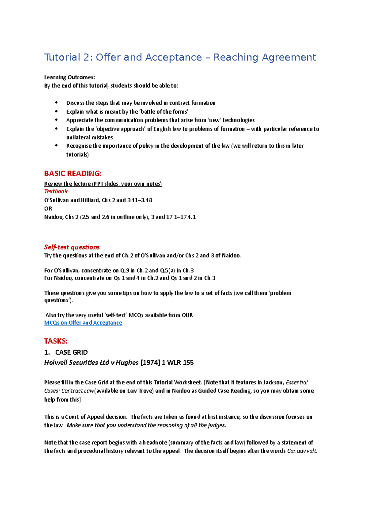 Contract law Tutorial 2 offer and acceptance - Tutorial 2: Offer and ...