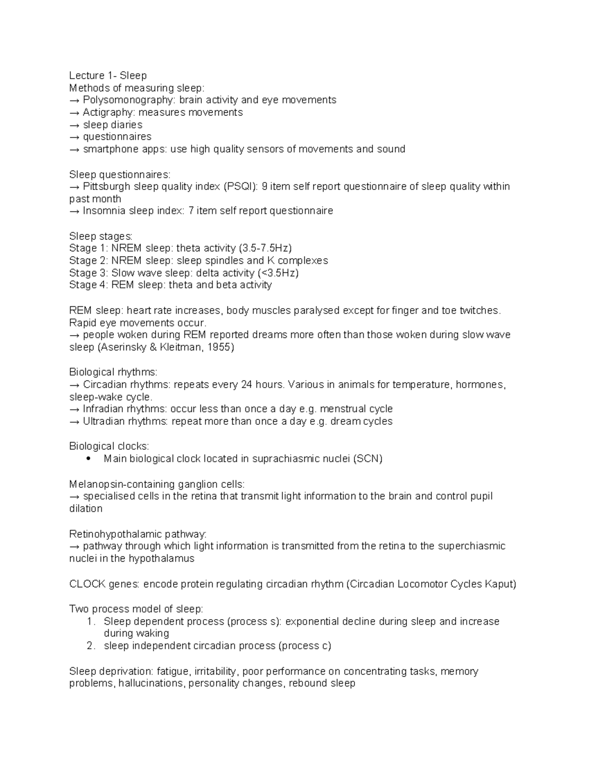 Lecture 1- sleep - notes - Lecture 1- Sleep Methods of measuring sleep ...