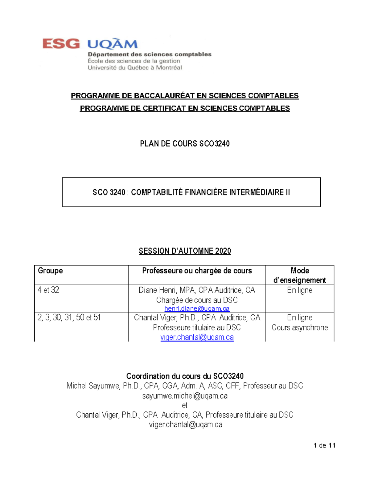 SCO3240-Plan de cours-AUT2020 - PROGRAMME DE BACCALAURÉAT EN SCIENCES COMPTABLES PROGRAMME DE ...