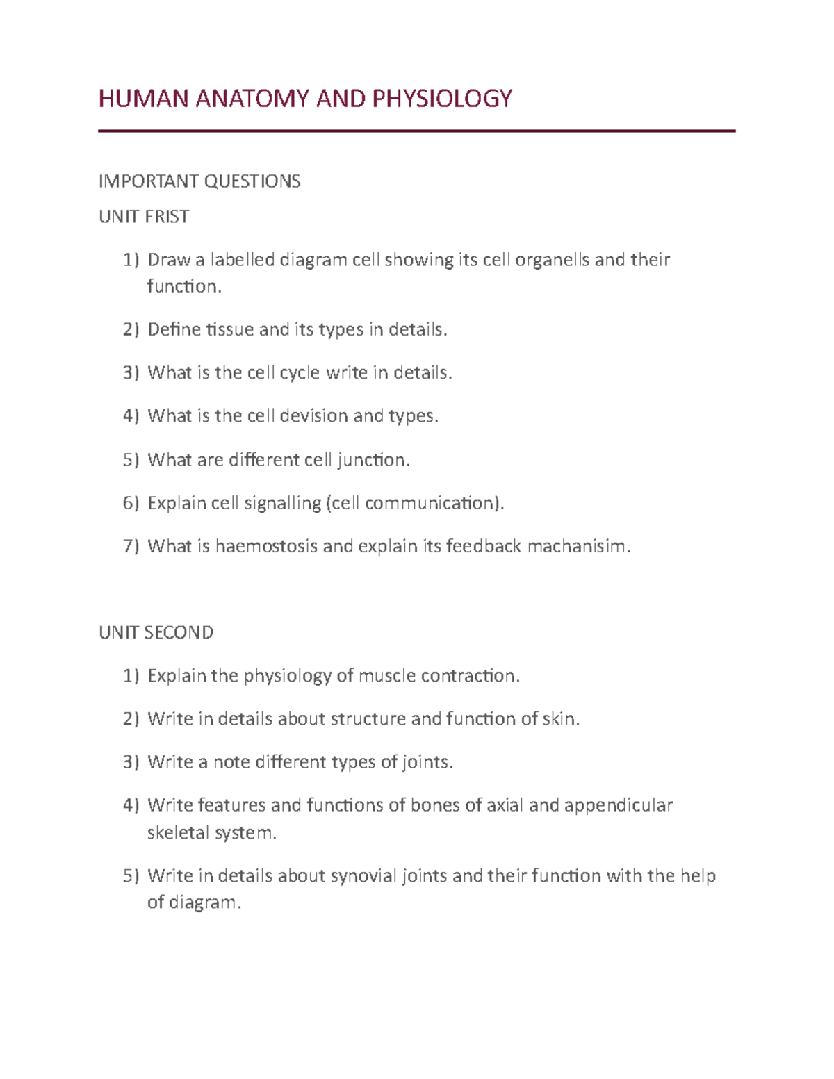 Human Anatomy AND Physiology Important Questions HUMAN ANATOMY AND 