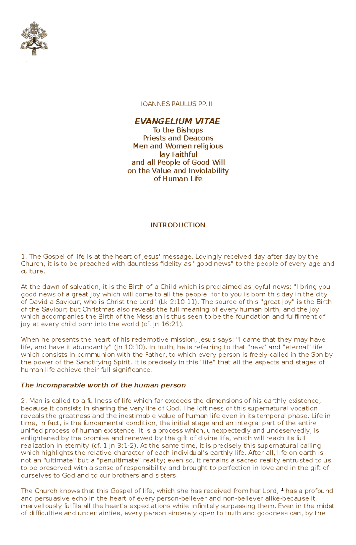 Evangelium Vitae - Vatican Document by Saint Pope John Paul II ...