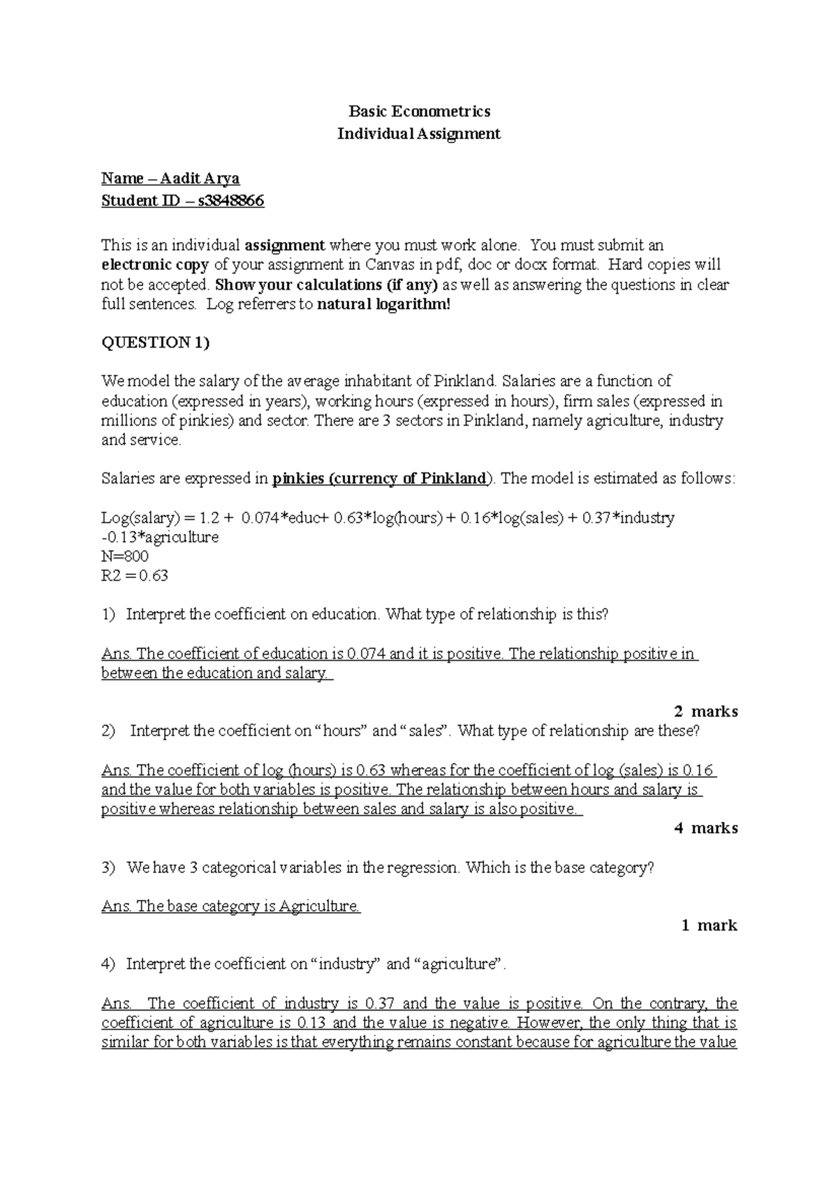 Individual Home Assignment ECON1066 2150 - Basic Econometrics Individual Assignment Name – Aadit ...