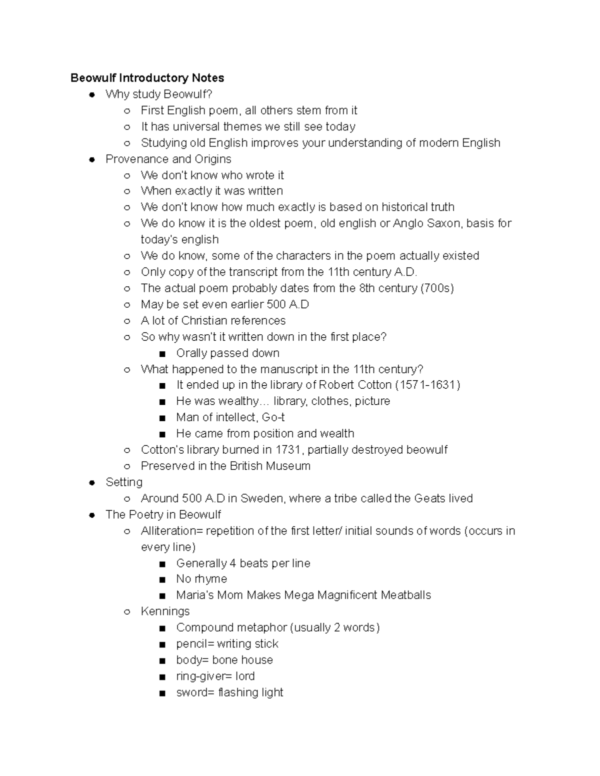 Beowulf Introductory Notes - Studocu
