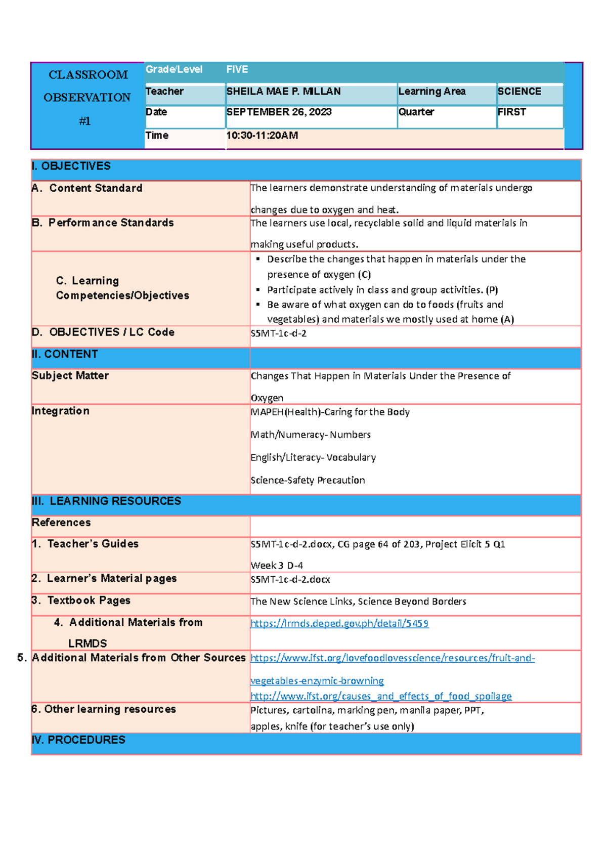 CO in Science 5 - CLASSROOM OBSERVATION Grade/Level FIVE Teacher SHEILA ...