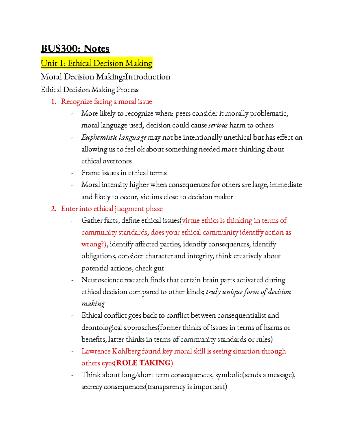 BUS300 Notes - BUS300: Notes Unit 1: Ethical Decision Making Moral ...