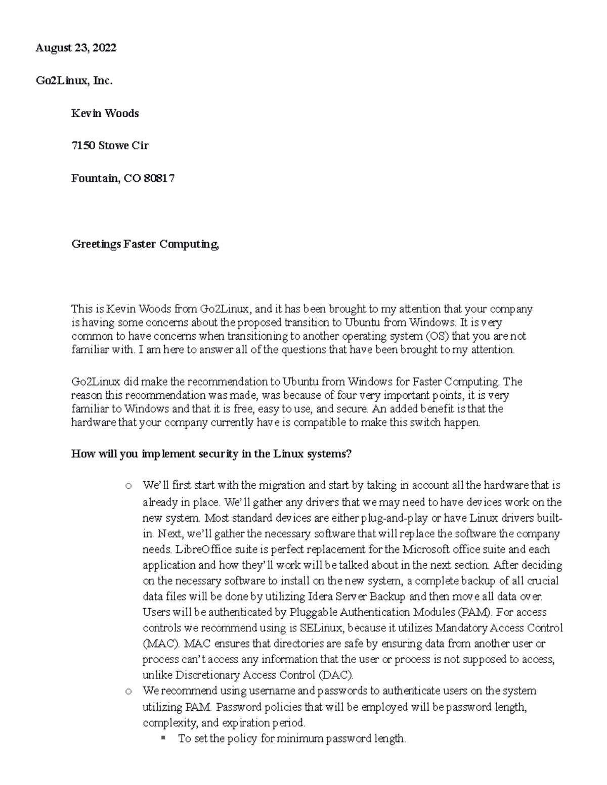 CMIT 391 Part 2 Kevin Woods - Client Response Memorandum - August 23 ...