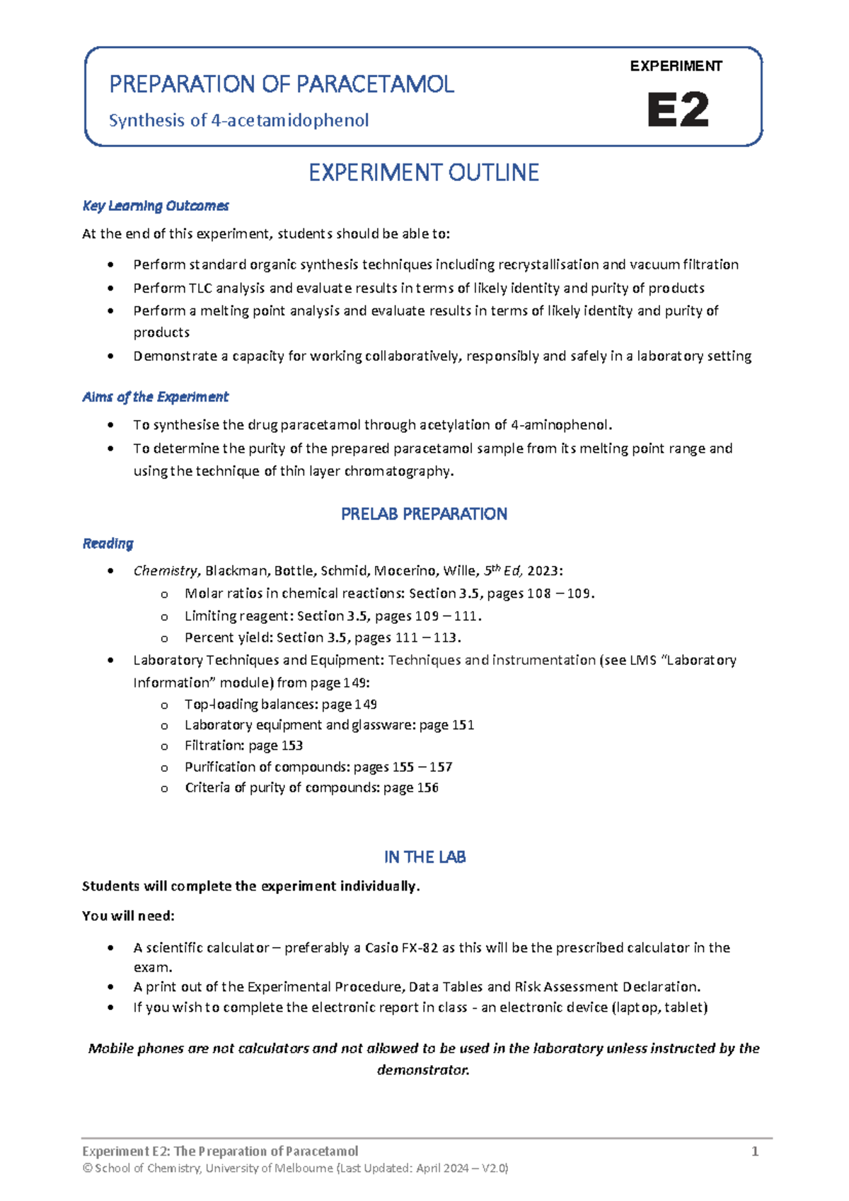 Experiment E2 Student Notes (V2 - Experiment E 2 : The Preparation of ...