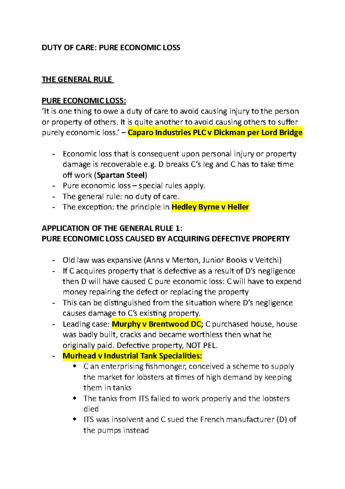 S4 Pure Economic Loss (Do C) - DUTY OF CARE: PURE ECONOMIC LOSS THE ...