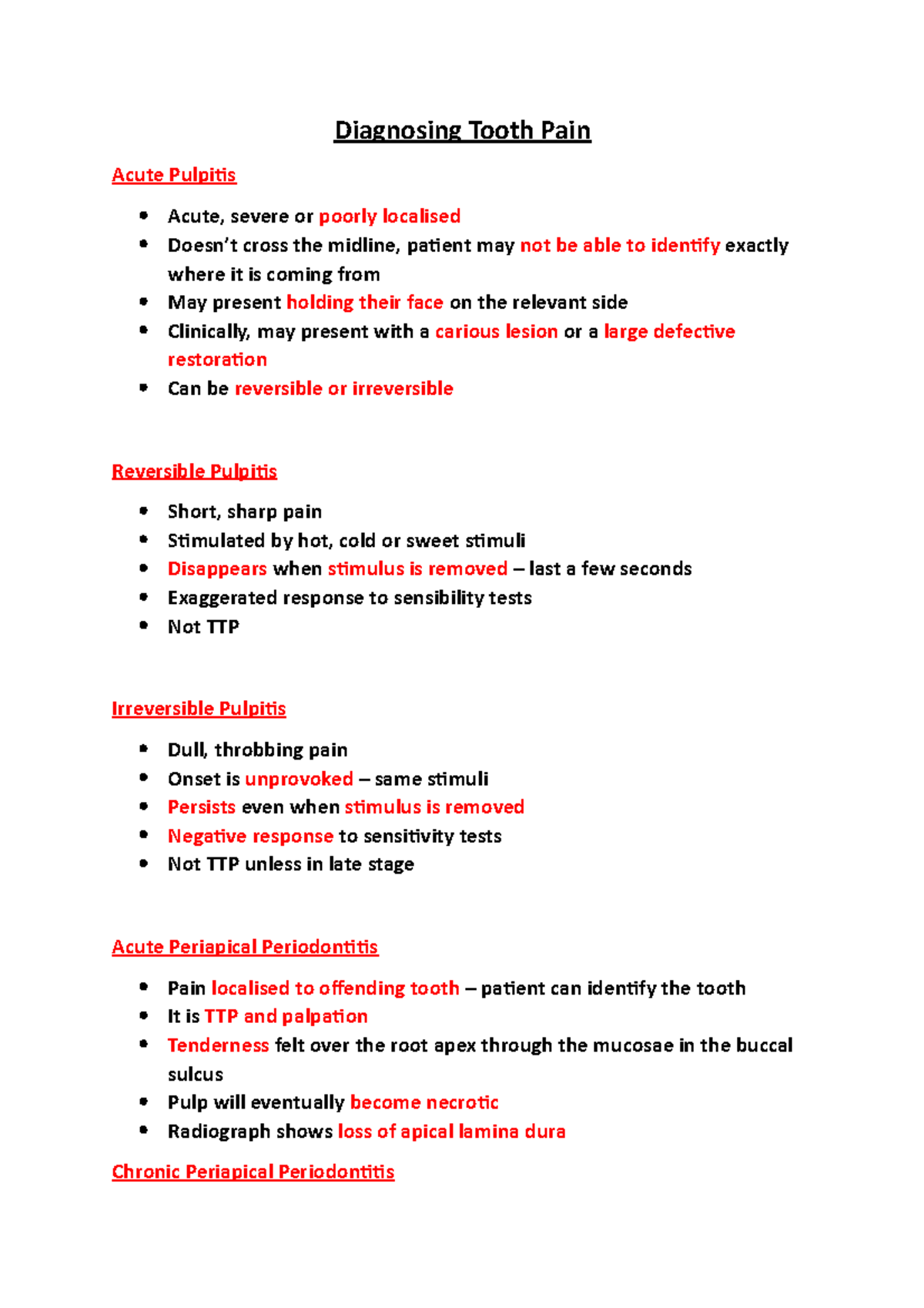 Diagnosing Tooth Pain - Lecture notes 1 - Diagnosing Tooth Pain Acute ...