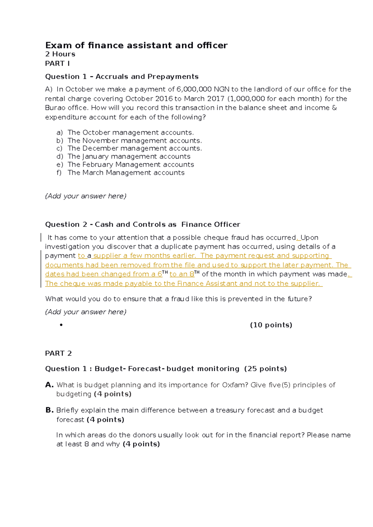 Finance test (2) - Exam of finance assistant and officer 2 Hours PART I ...
