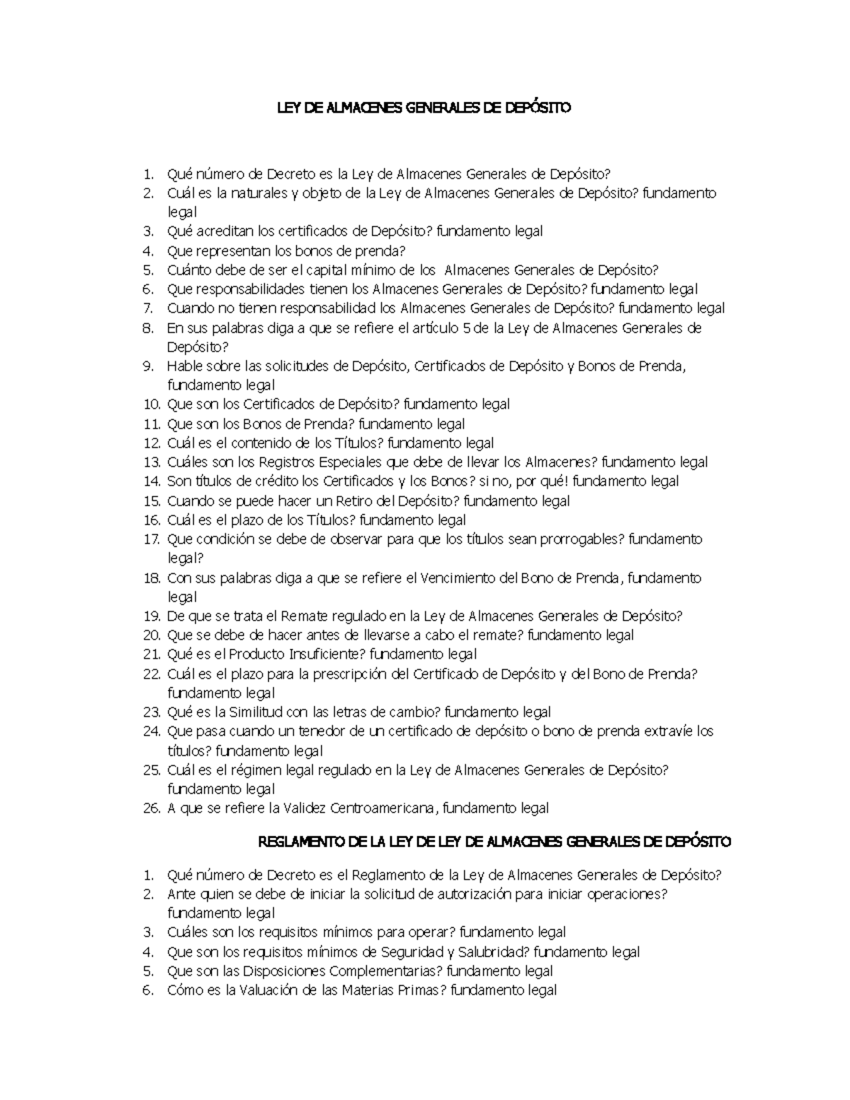 Cuestionario Sobre LA LEY DE Almacenes Generales DE Depósito 2023 - LEY ...