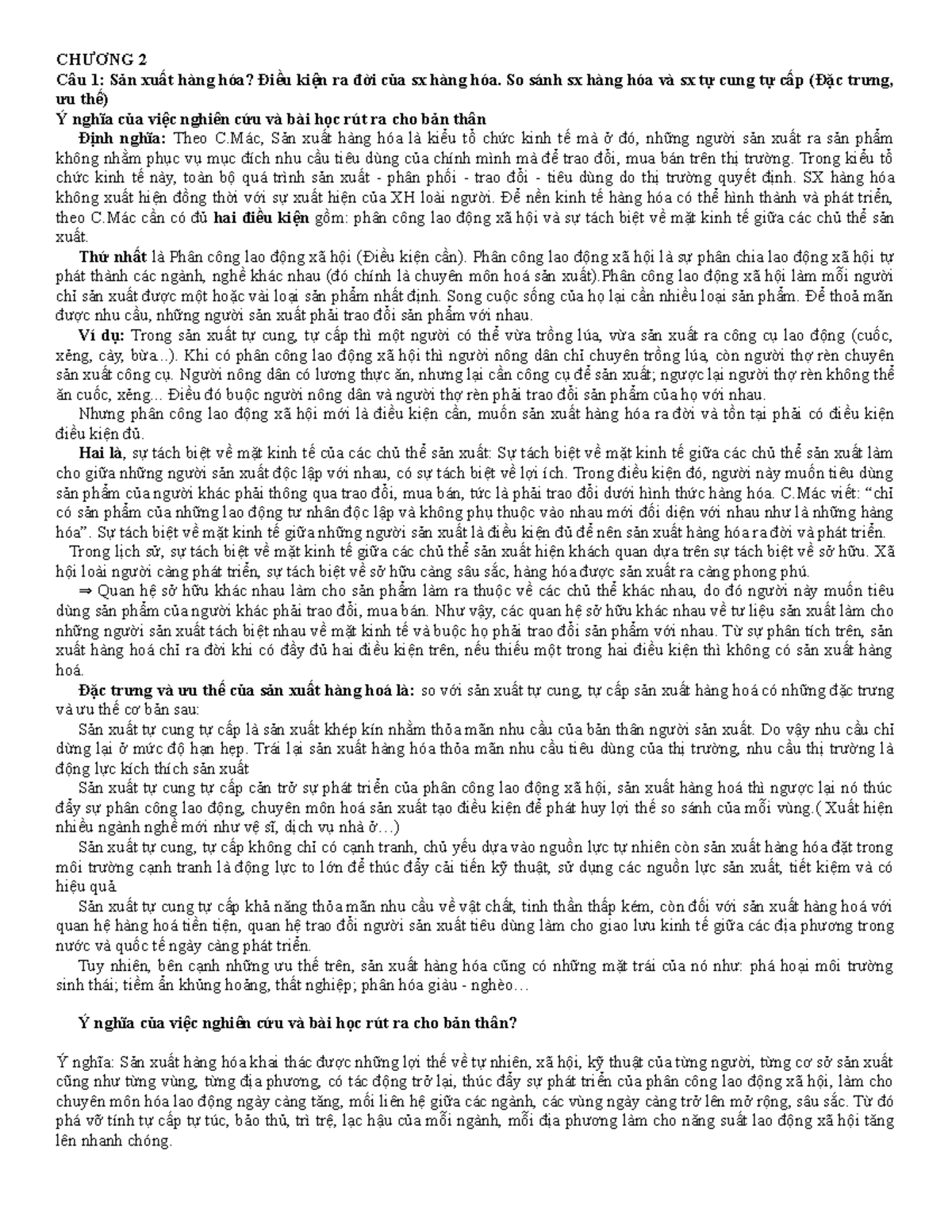 Final KTCT - ktct qtkd - CHƯƠNG 2 Câu 1: Sản xuất hàng hóa? Điều kiện ra đời của sx hàng hóa. So ...