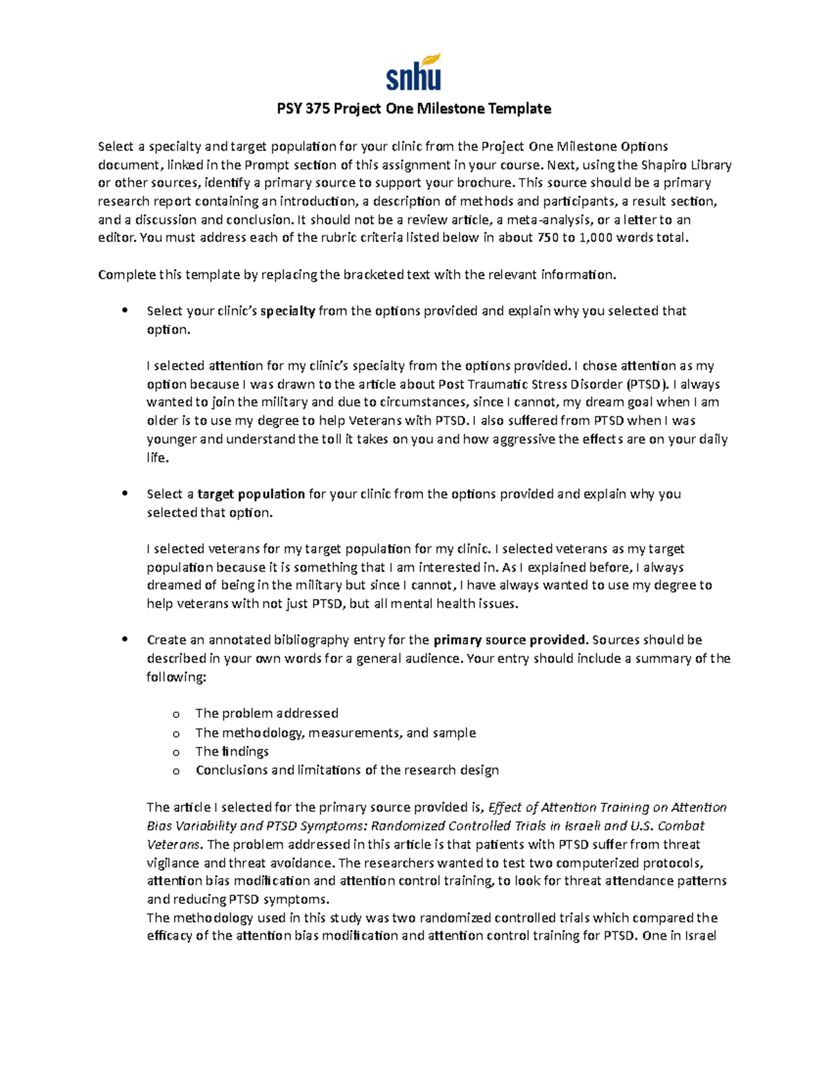 PSY 375 Project One Milestone Answers - PSY 375 Project One Milestone ...