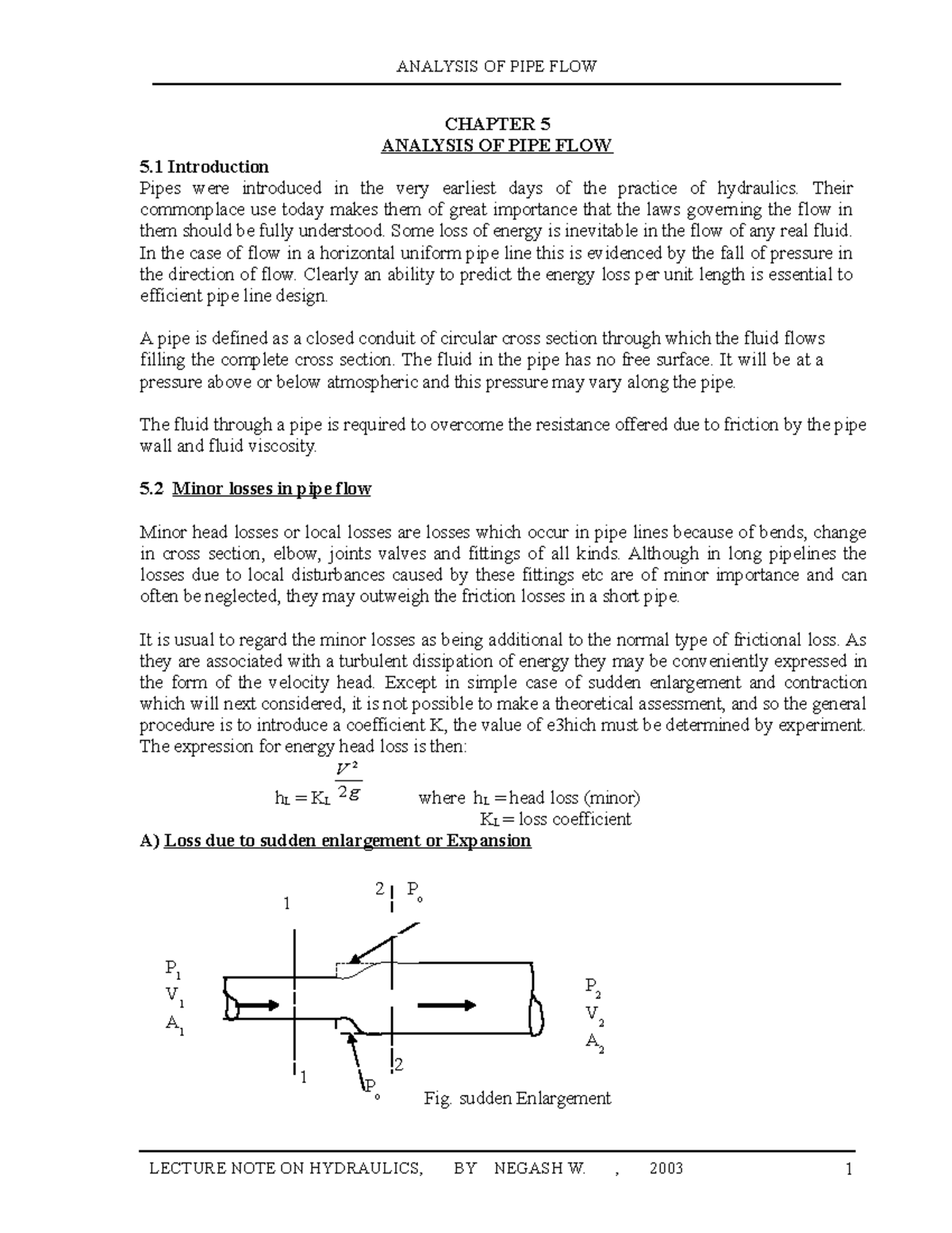 Pipe flow - Lecture notes prepared by Hydraulics Department - CHAPTER 5 ...