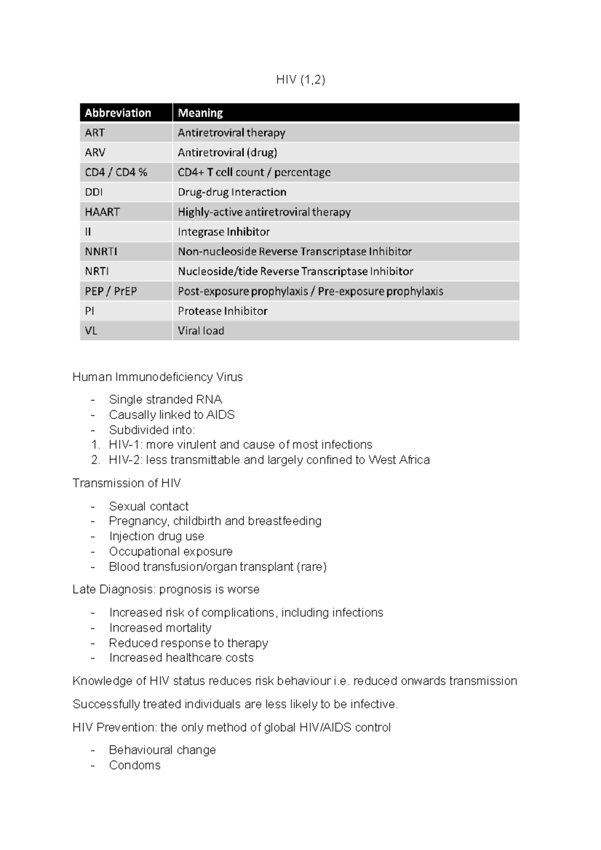 HIV (1,2) - Concise notes with any extra information given in lecture ...