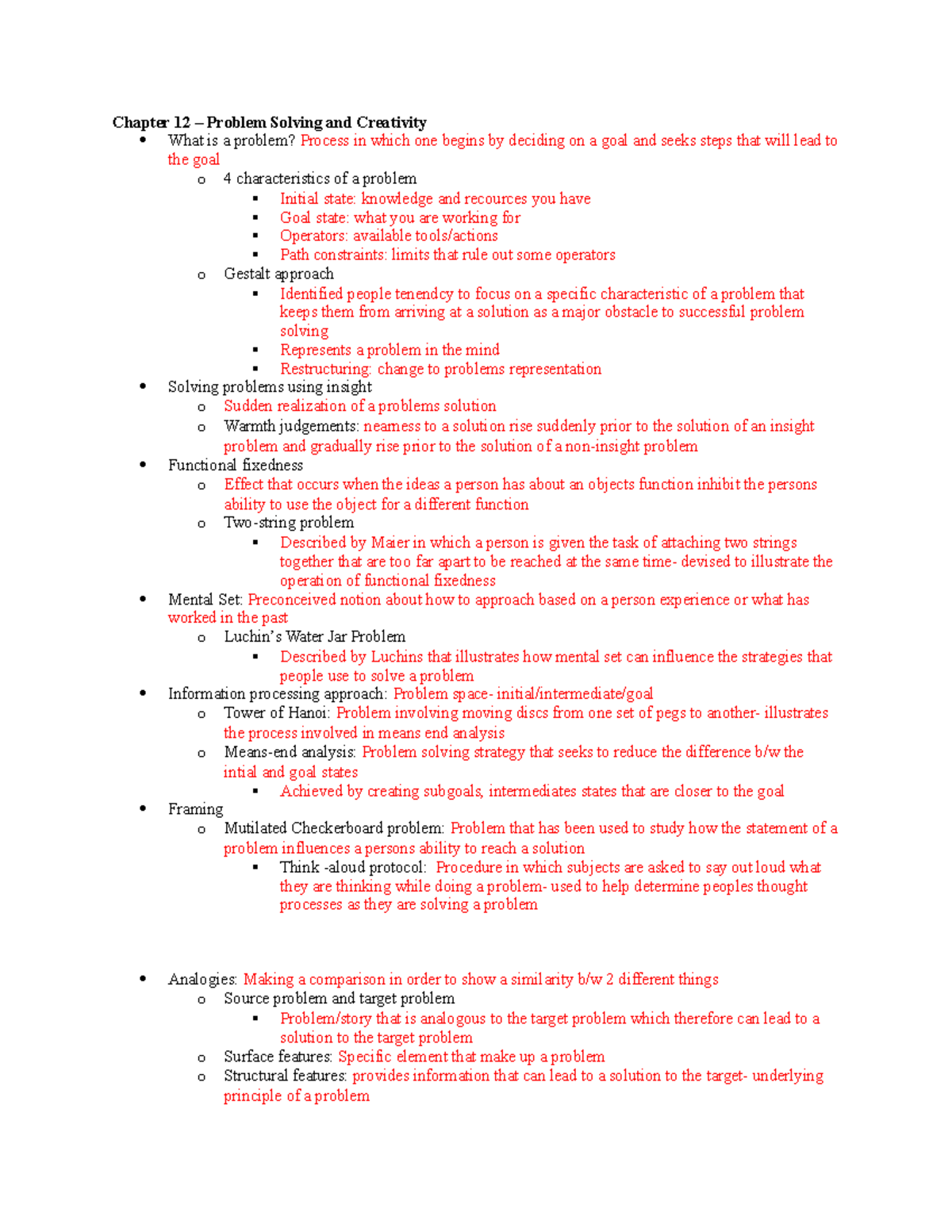 Exam 4 Review (2) - Study guide - Chapter 12 – Problem Solving and Creativity What is a problem ...