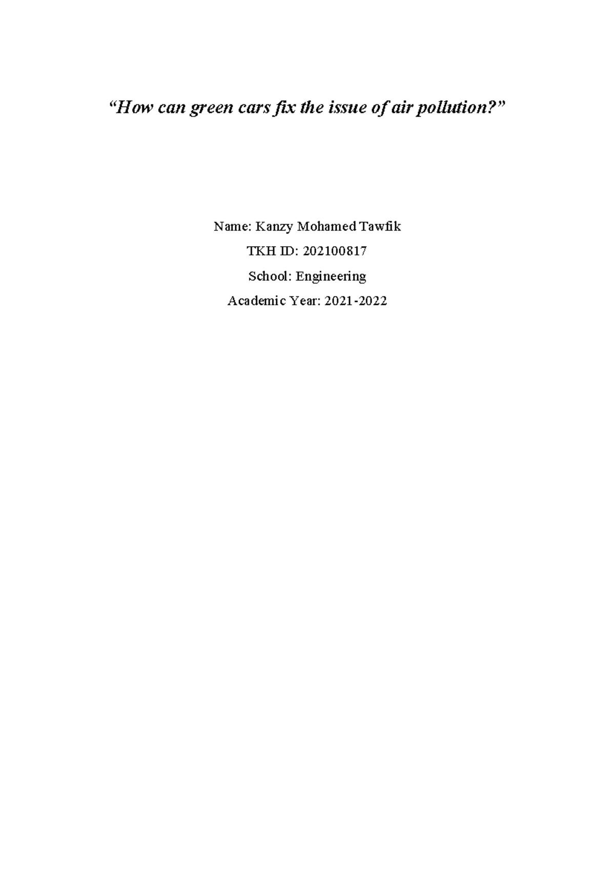 Green Cars CW1 Final-3 - an example of an essay discussing electric ...