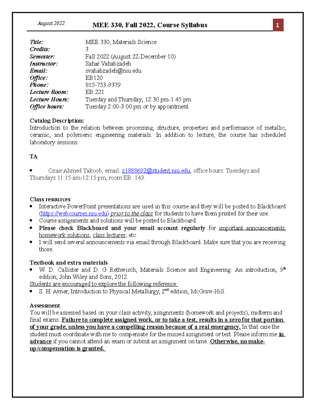 Modified syllabus MEE330-Spring 2022 - MEE 330, Fall 2022, Course ...