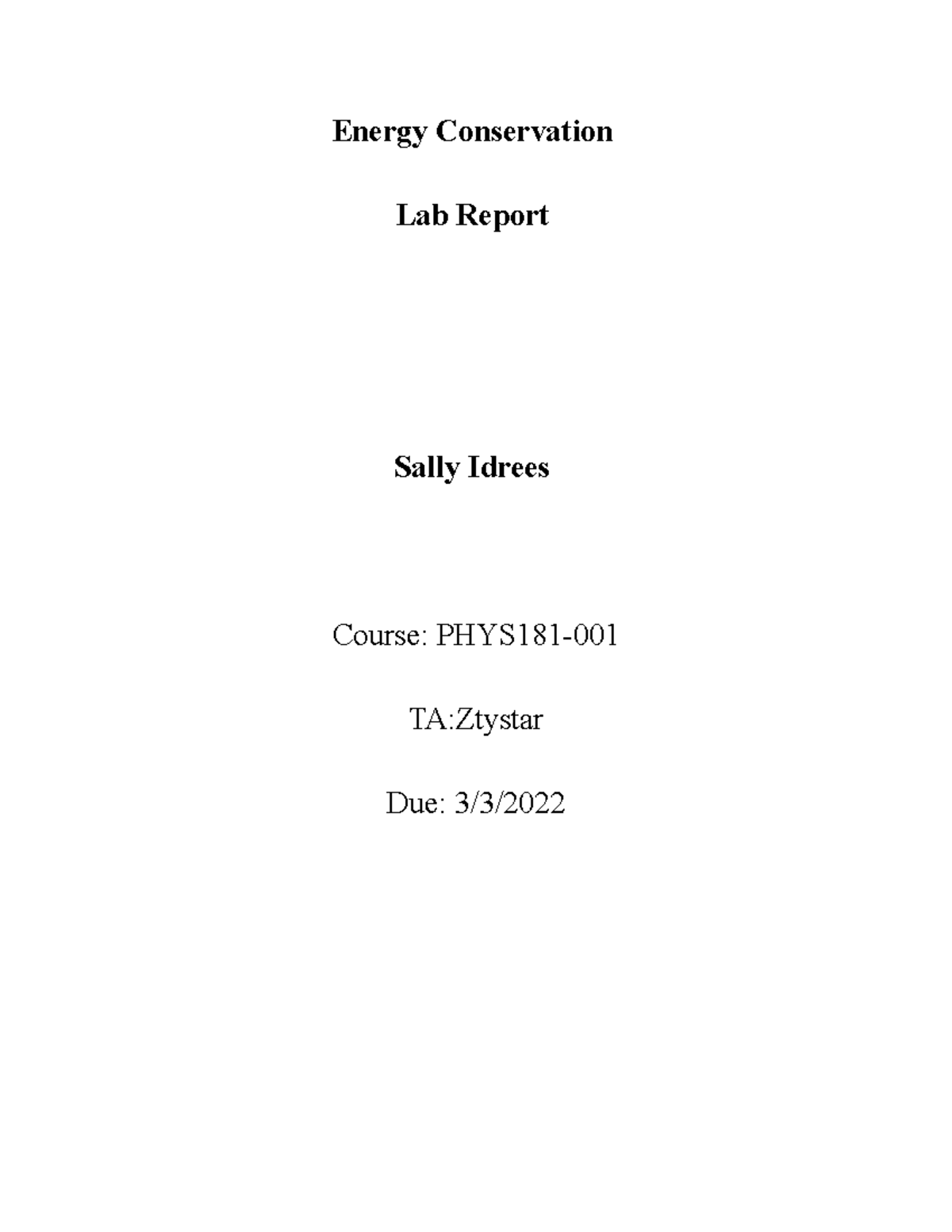 Energy Conservation lab report - Energy Conservation Lab Report Sally ...