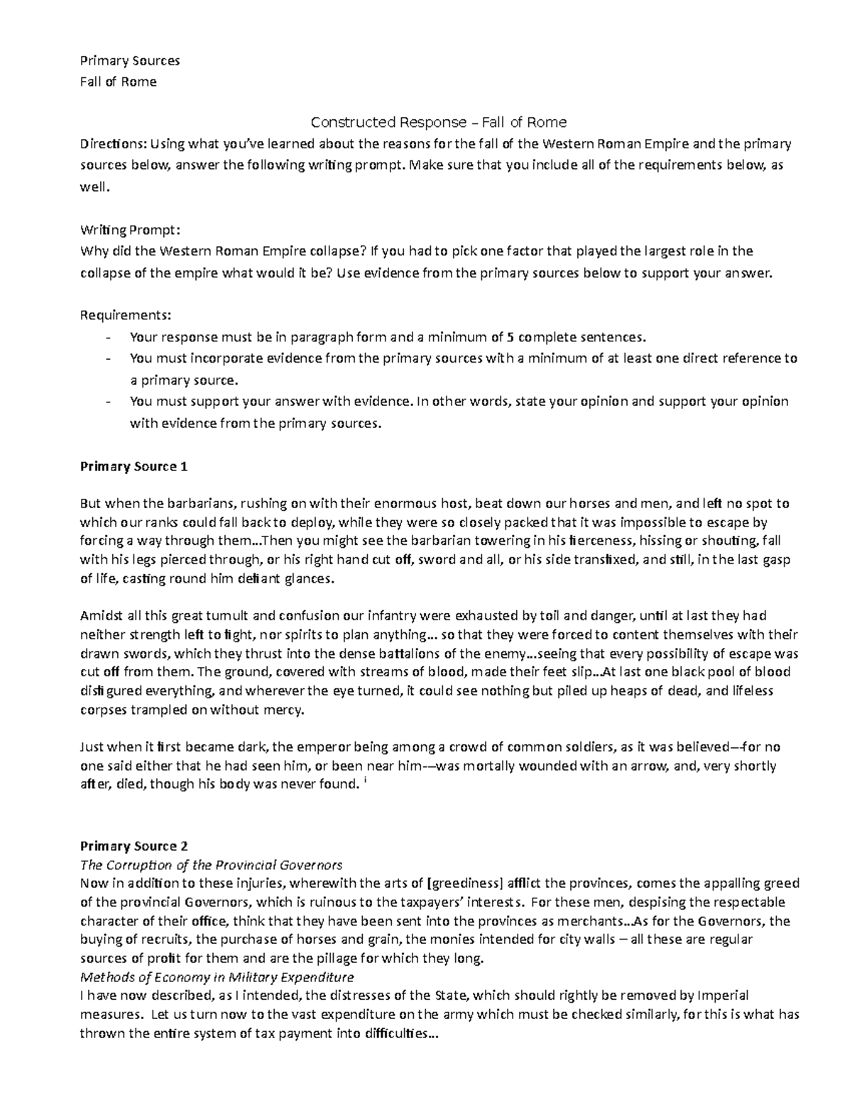 Fall of Rome Primary Sources Constructed Response - Primary Sources ...