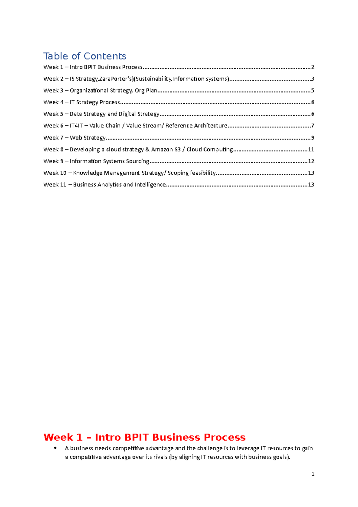 Bpits Quiz 2 Notes - Table of Contents Week 1 – Intro BPIT Business ...