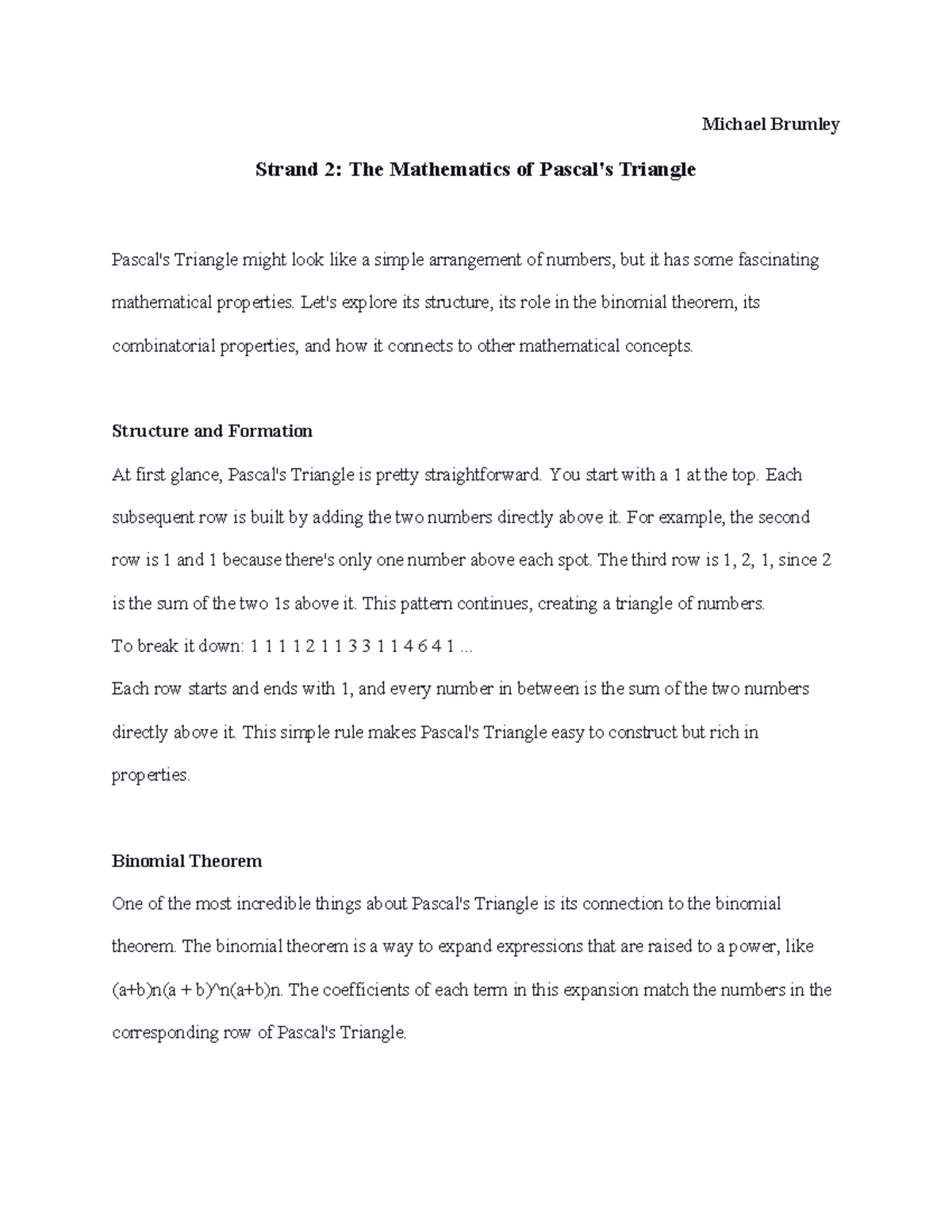MAT 135 Strand 2 The Mathematics of Pascal's Triangle Brumley - Michael ...