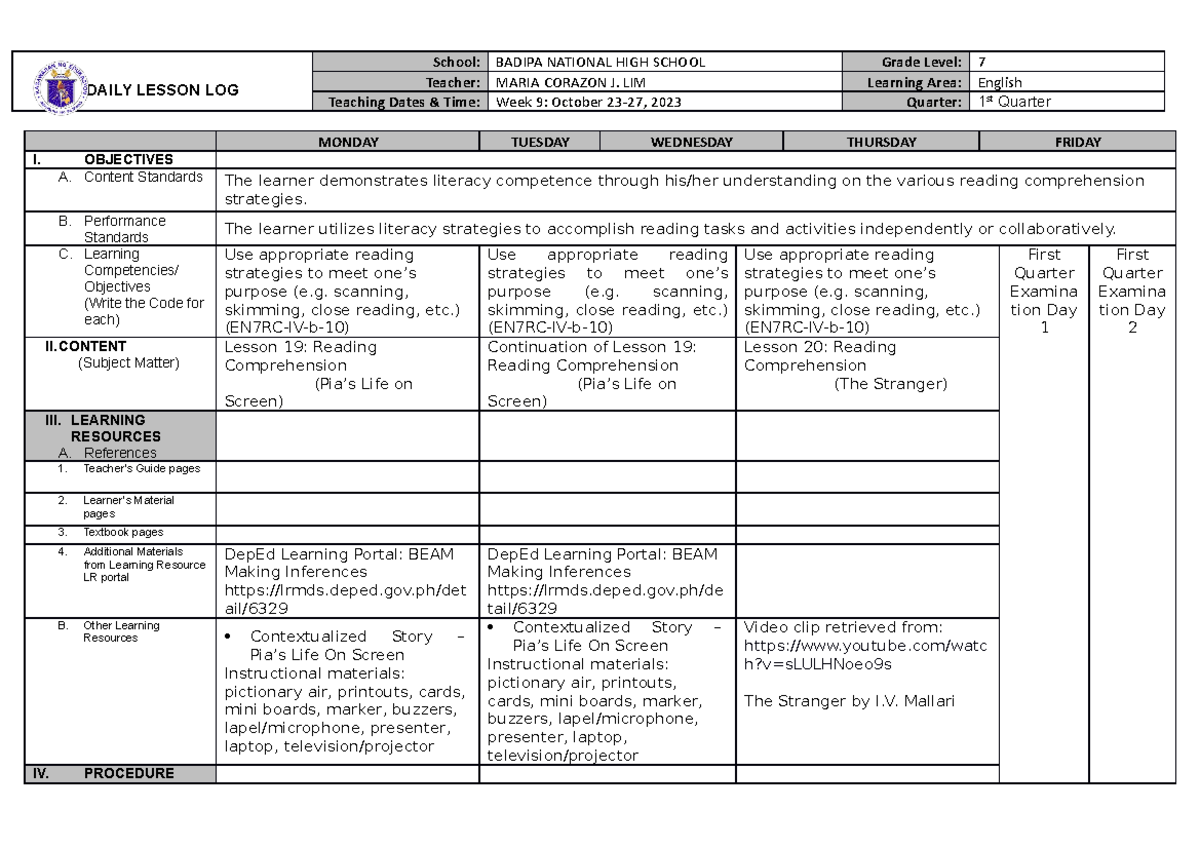 English 7 Week 9 SY 2023-2024 - DAILY LESSON LOG School: BADIPA NATIONAL HIGH SCHOOL Grade Level ...