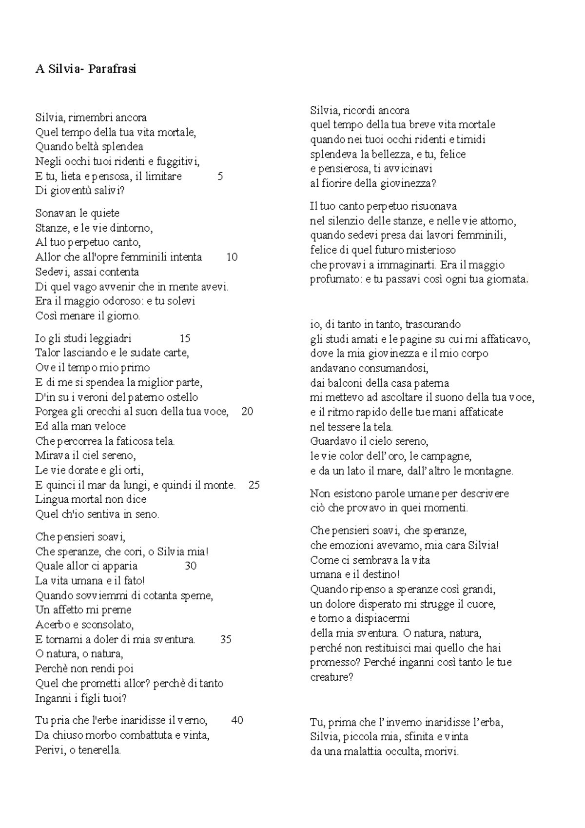 A Silvia- Parafrasi - A Silvia- Parafrasi Silvia, rimembri ancora Quel tempo della tua vita ...