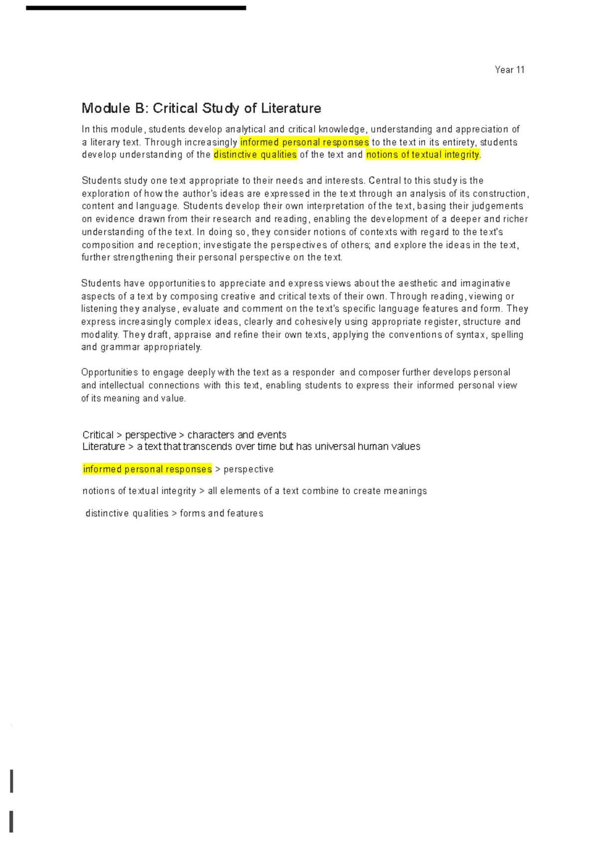 Rationale english - Year 11 Module B: Critical Study of Literature In ...