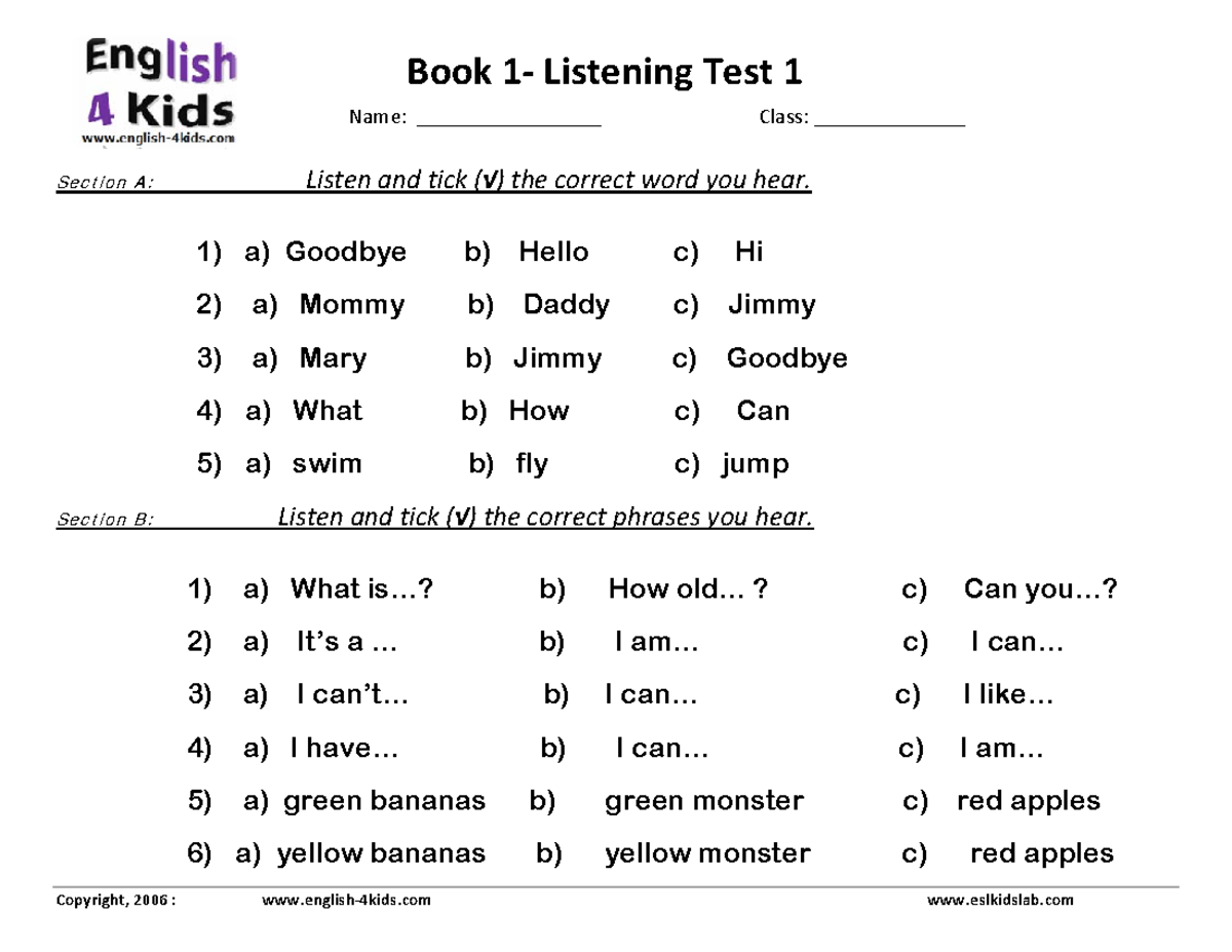 Book 1 listening 1 - Copyright, 2006 : english ‐4kids eslkidslab Name ...