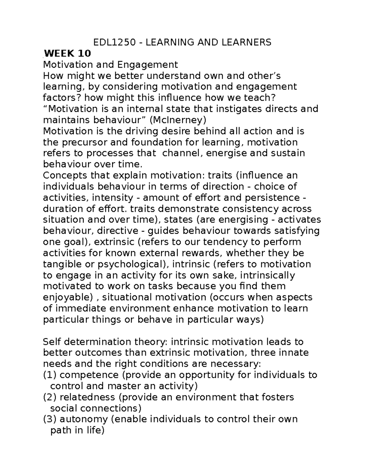 Week 10 - Lecture notes 10 - EDL1250 LEARNING AND LEARNERS WEEK 10 ...