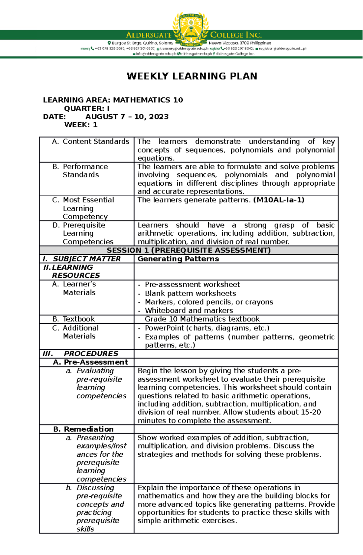 Week 1 Learning Plan - qwe - WEEKLY LEARNING PLAN LEARNING AREA ...