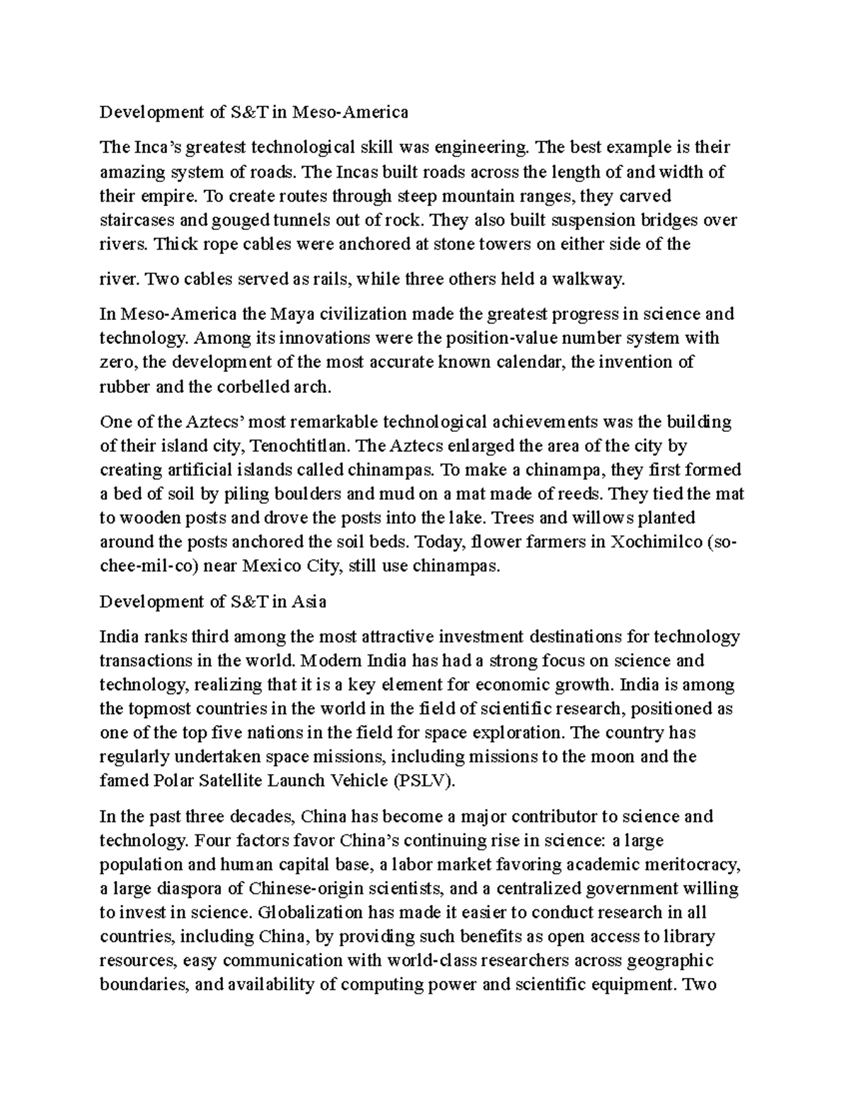 Assignment ni bebe - Copy - Development of S&T in Meso-America The Inca ...