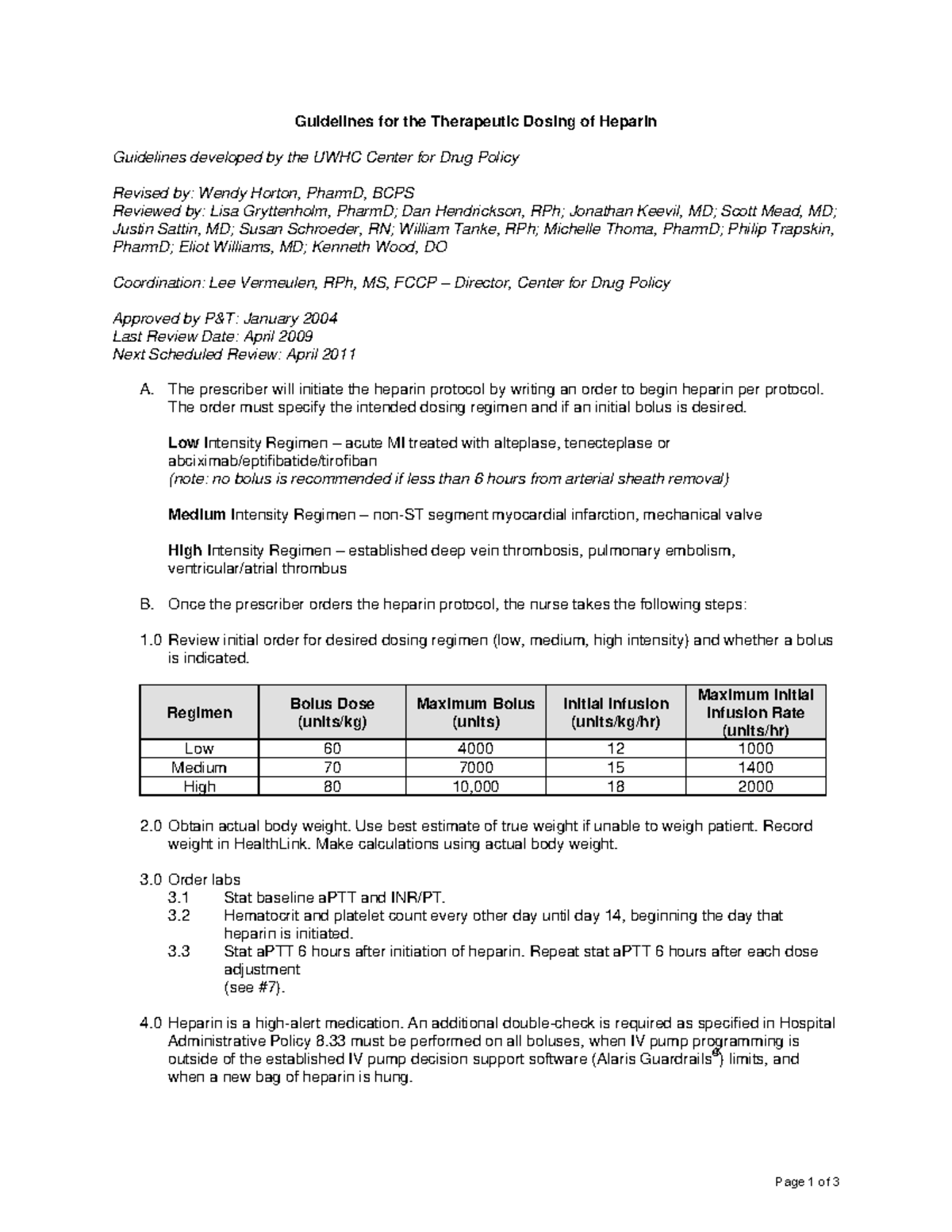 Heparin Infusion Guideline - Guidelines for the Therapeutic Dosing of ...