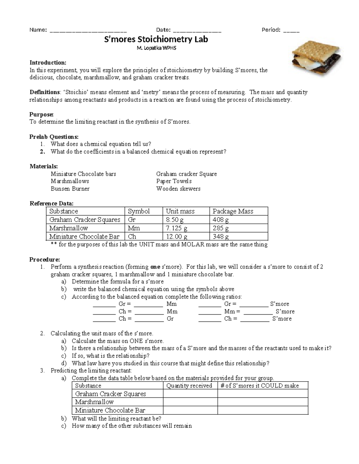 Smores Stoichiometry Lab - Name: ________________________ Date ...