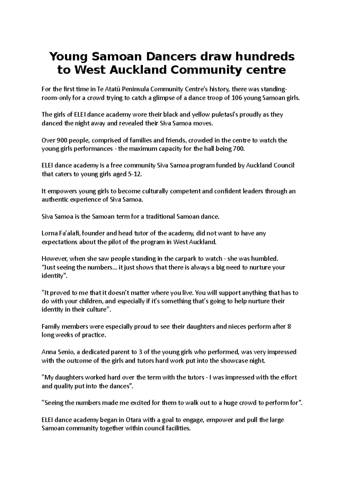 Journalism News Story and Reflective Essay - Young Samoan Dancers draw ...