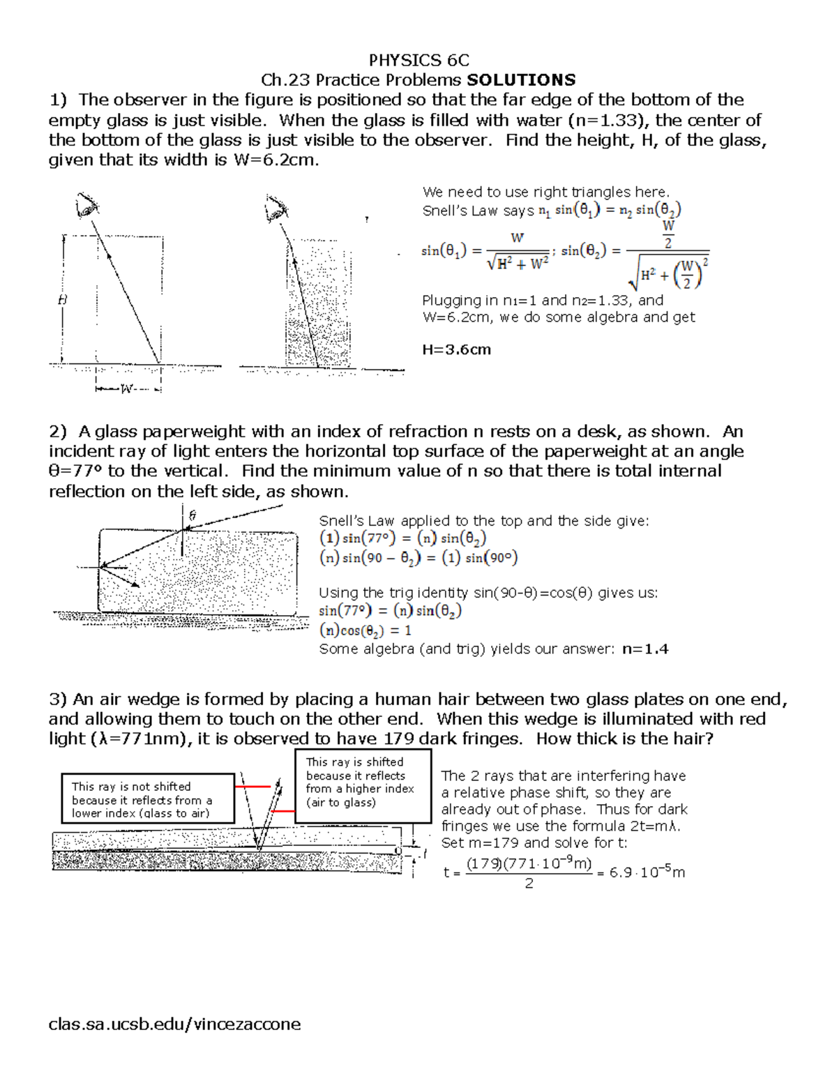 Physics 1c ch23 practice solutions - PHYSICS 6C Ch Practice Problems SOLUTIONS - Studocu