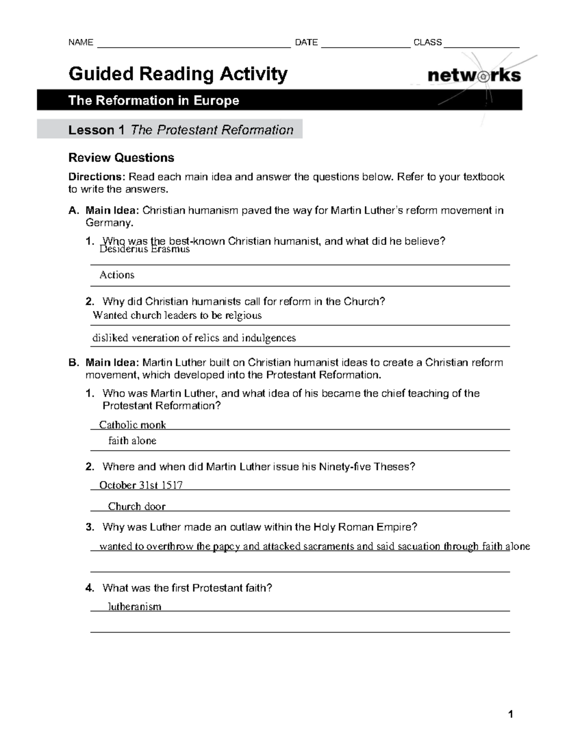 WH C3 S1 Reformation GR - WH C3 L1 - 1 NAME DATE CLASS Guided Reading ...