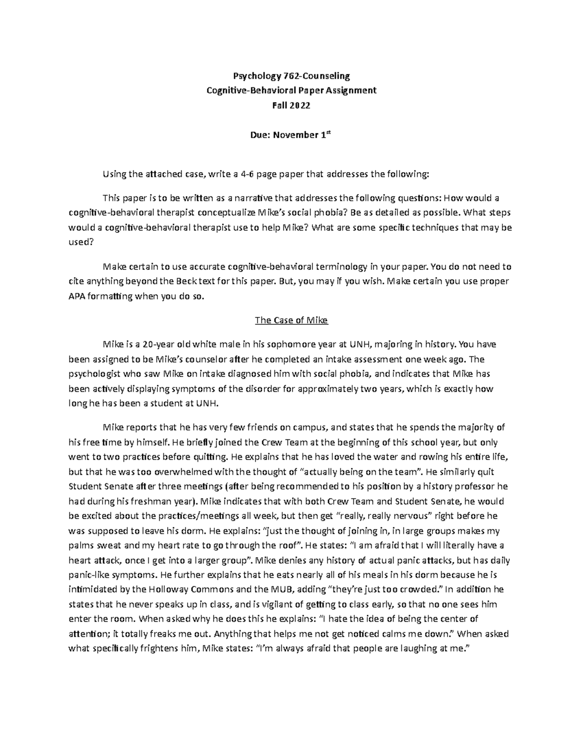 Case of Mike - CBT Paper - 2022 - Psychology 762-Counseling Cognitive ...