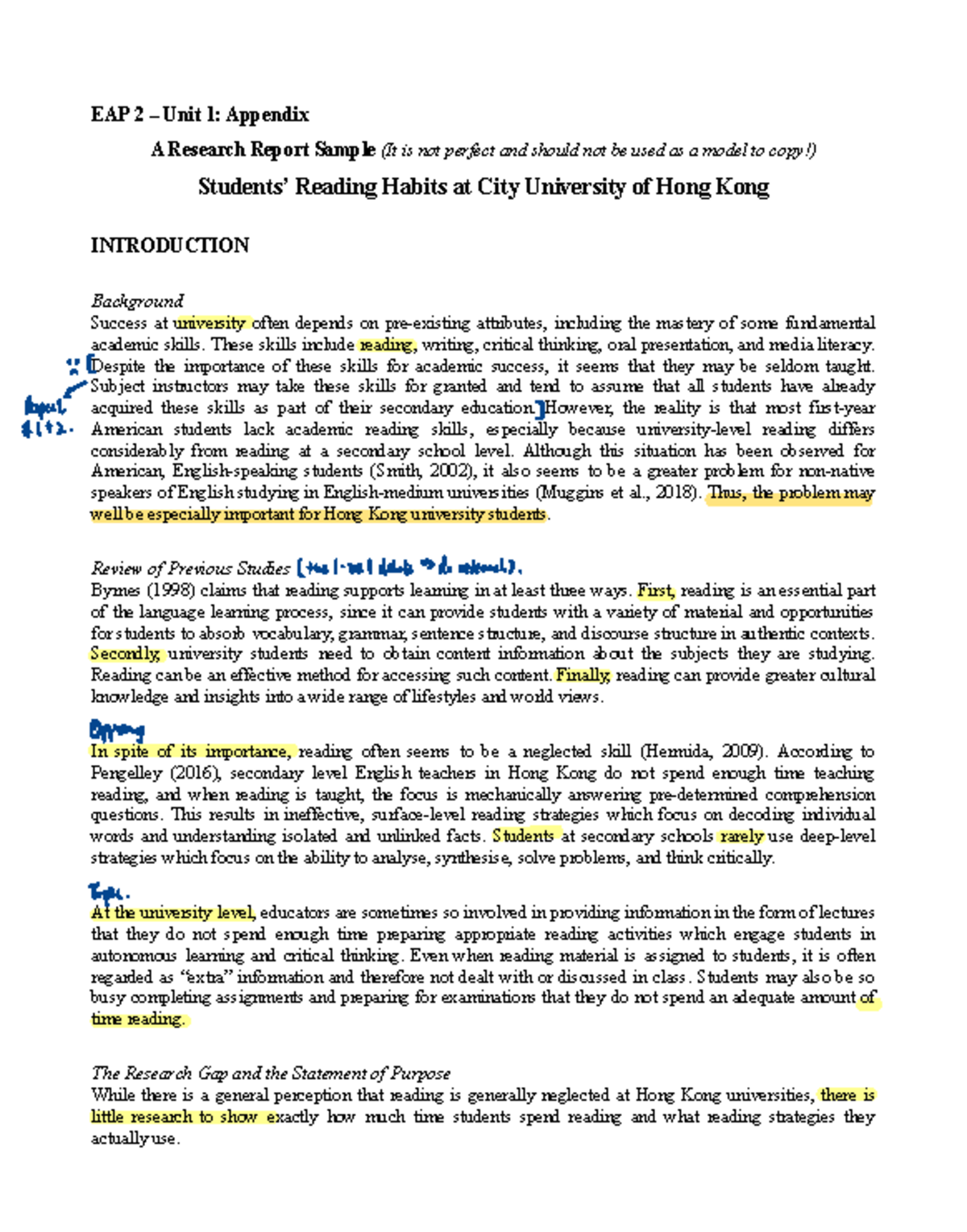 EAP2 Unit+1 Appendix Sample+Report Student+Reading+Habits - EAP 2 – Unit 1: Appendix A Research ...