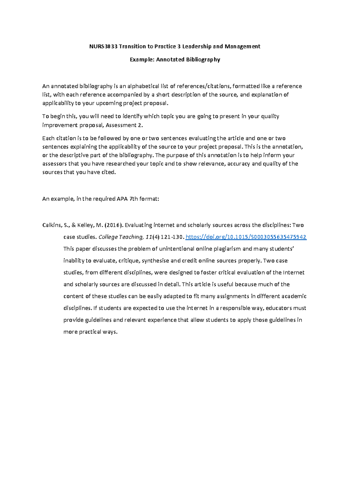 Annotated Bib Example - NURS3033 Transition to Practice 3 Leadership ...