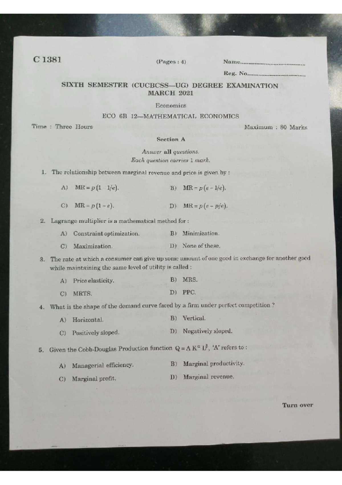 Mathematical Economics QP and Scheme - BA Economics - Studocu