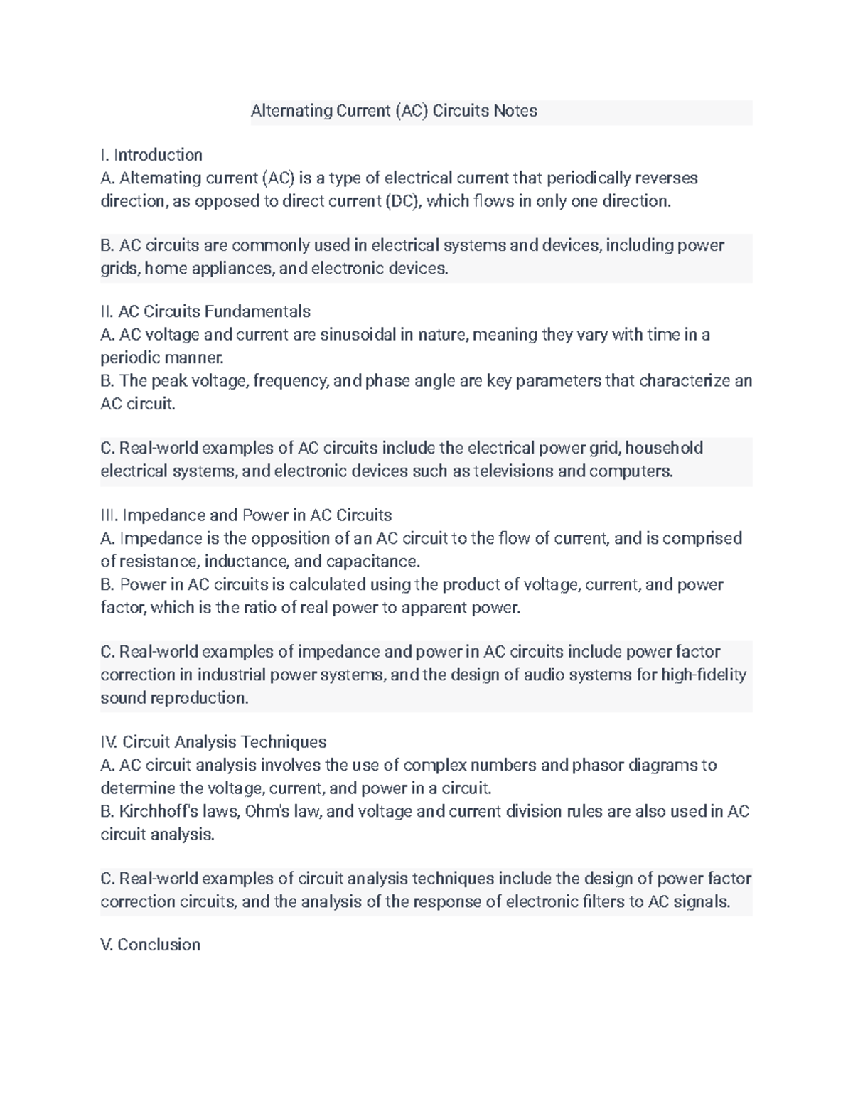 Alternating Current (AC) Circuits Notes - Introduction A. Alternating ...