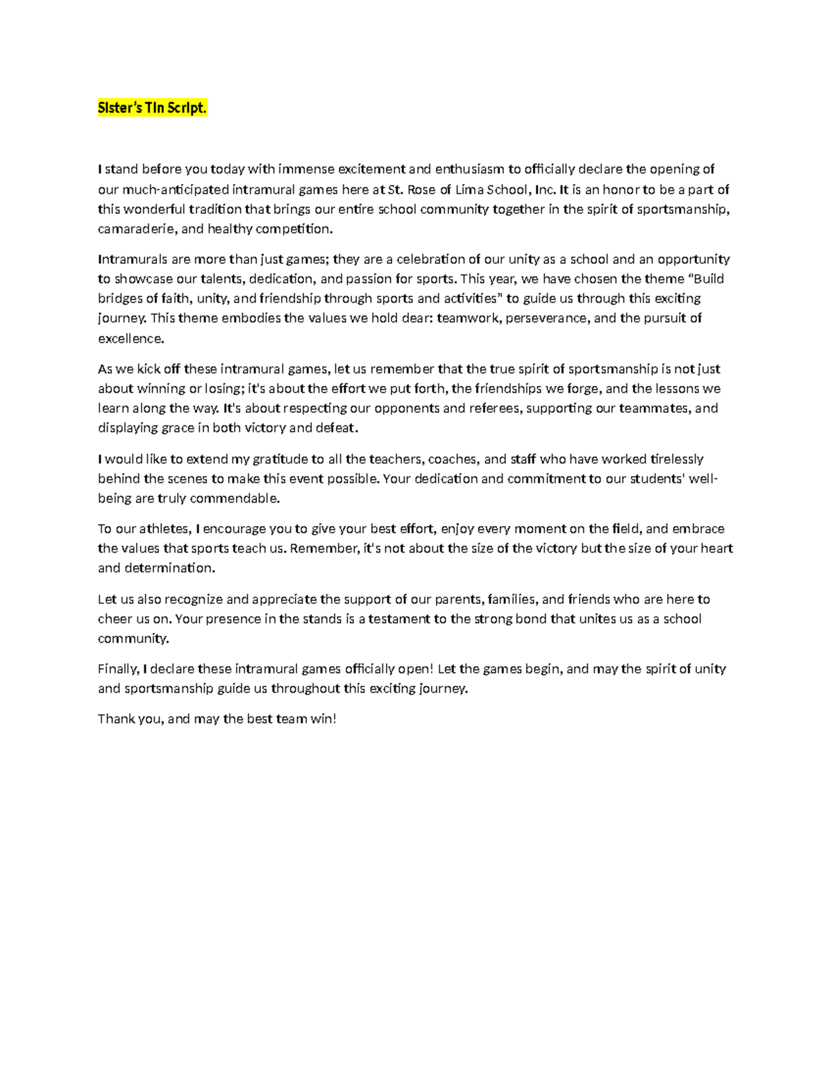 Script For intrams - none - Sister’s Tin Script. I stand before you ...