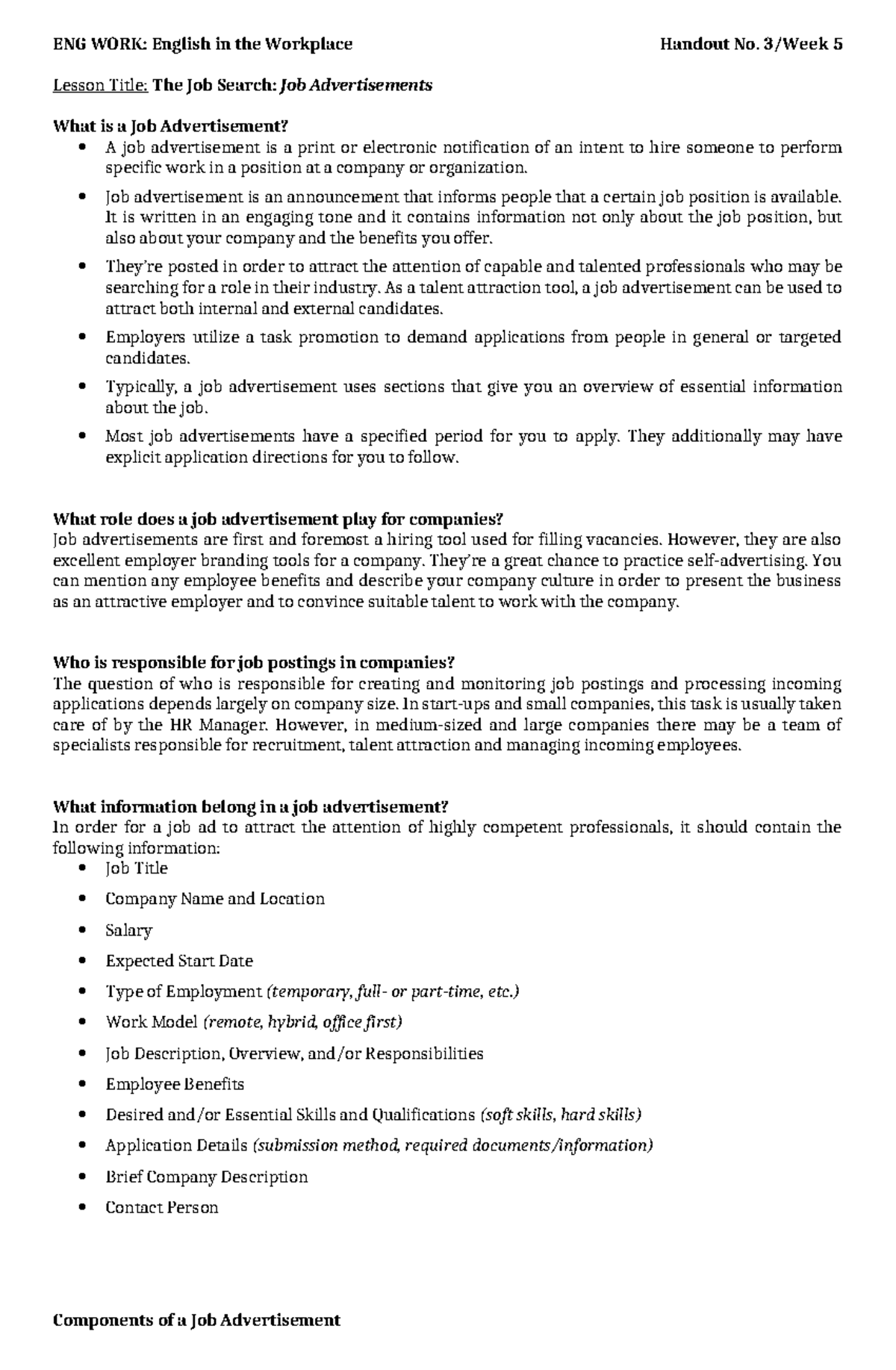 Job-advertisement - ENG WORK: English in the Workplace Handout No. 3 ...